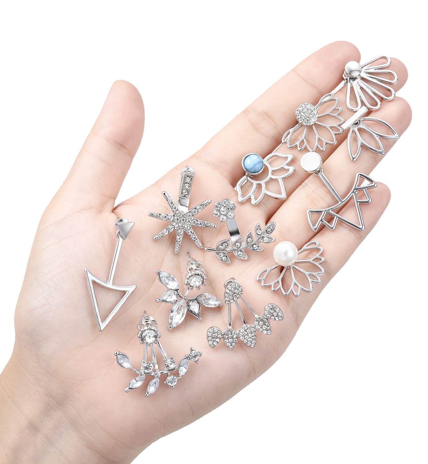 Tornito 12 Pairs Lotus Flower Earring Studs Chic CZ Earrings Jackets For Wome Silver Tone