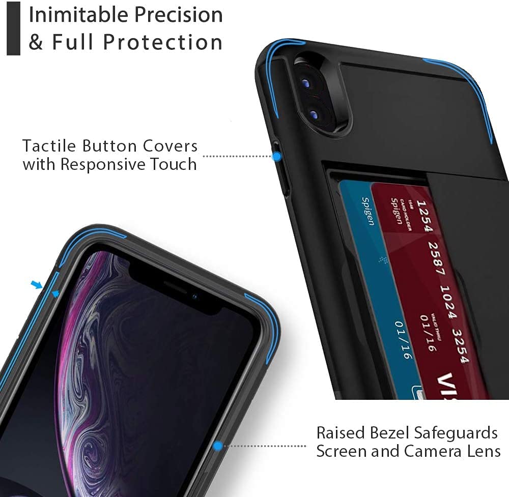 SUPBEC for iPhone X/XS Case with Card Holder and[ Screen Protector Tempered Glass x2Pack] X Wallet Case Cover with Shockproof Silicone TPU + Anti-Scratch Hard PC - Full Protective-5.8"-Black