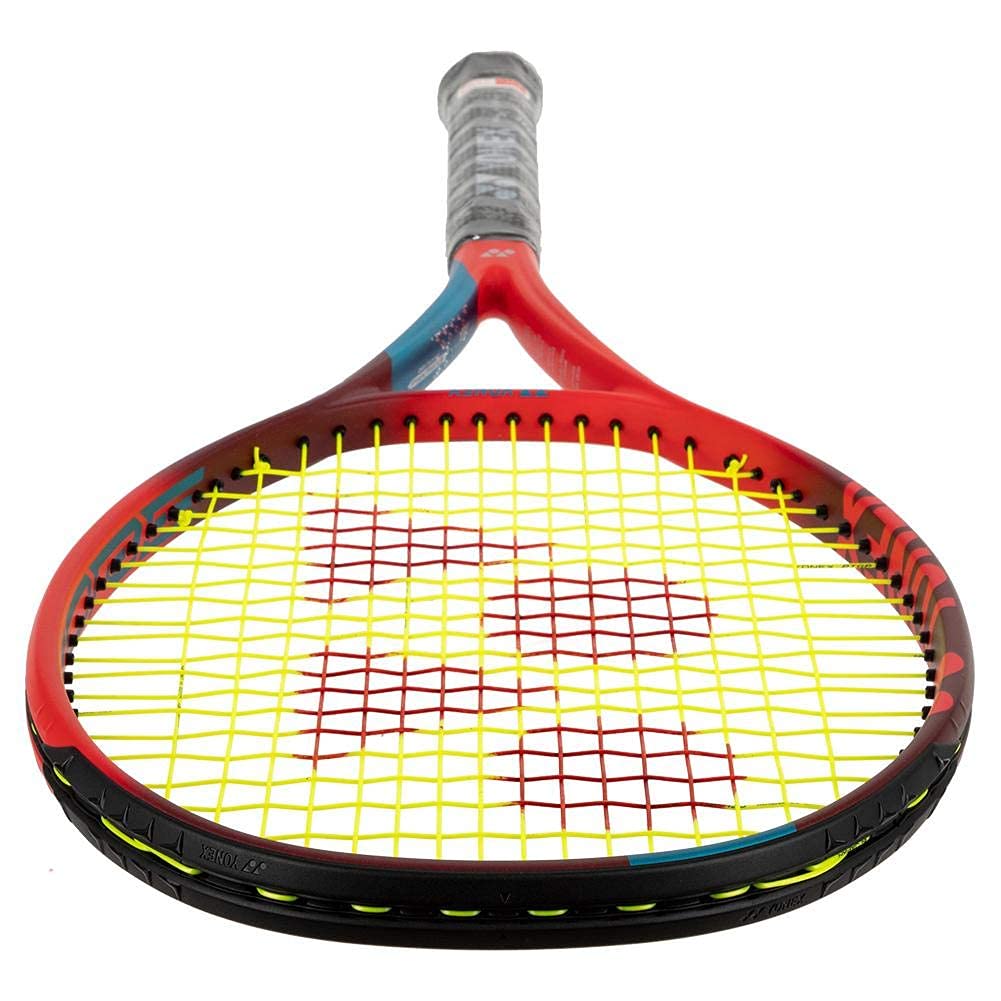 YONEX VCORE 100+ 6th Gen Tango Red Tennis Racquet (4 1/2" Grip) Strung with Black Synthetic Gut Racket String - 16x19 String Pattern