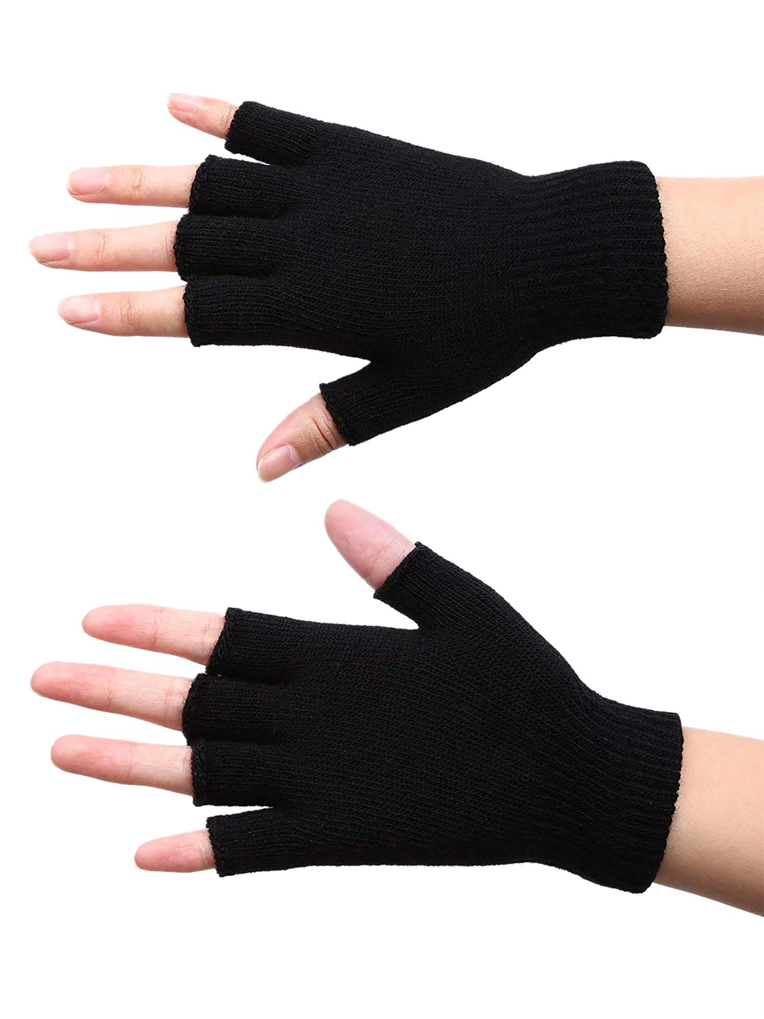 SATINIOR 4 Pairs Winter Half Finger Gloves Knitted Fingerless Mittens Warm Stretchy Gloves for Men and Women (Black)