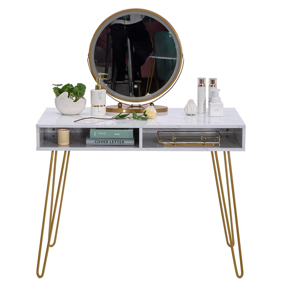 SSLine Gold and White Computer Desk Modern Writing Table Makeup Vanity Desk with White Faux Marble Top and Golden Metal Frame Elegant Laptop PC Workstation w/Two Storage Drawers for Home Office