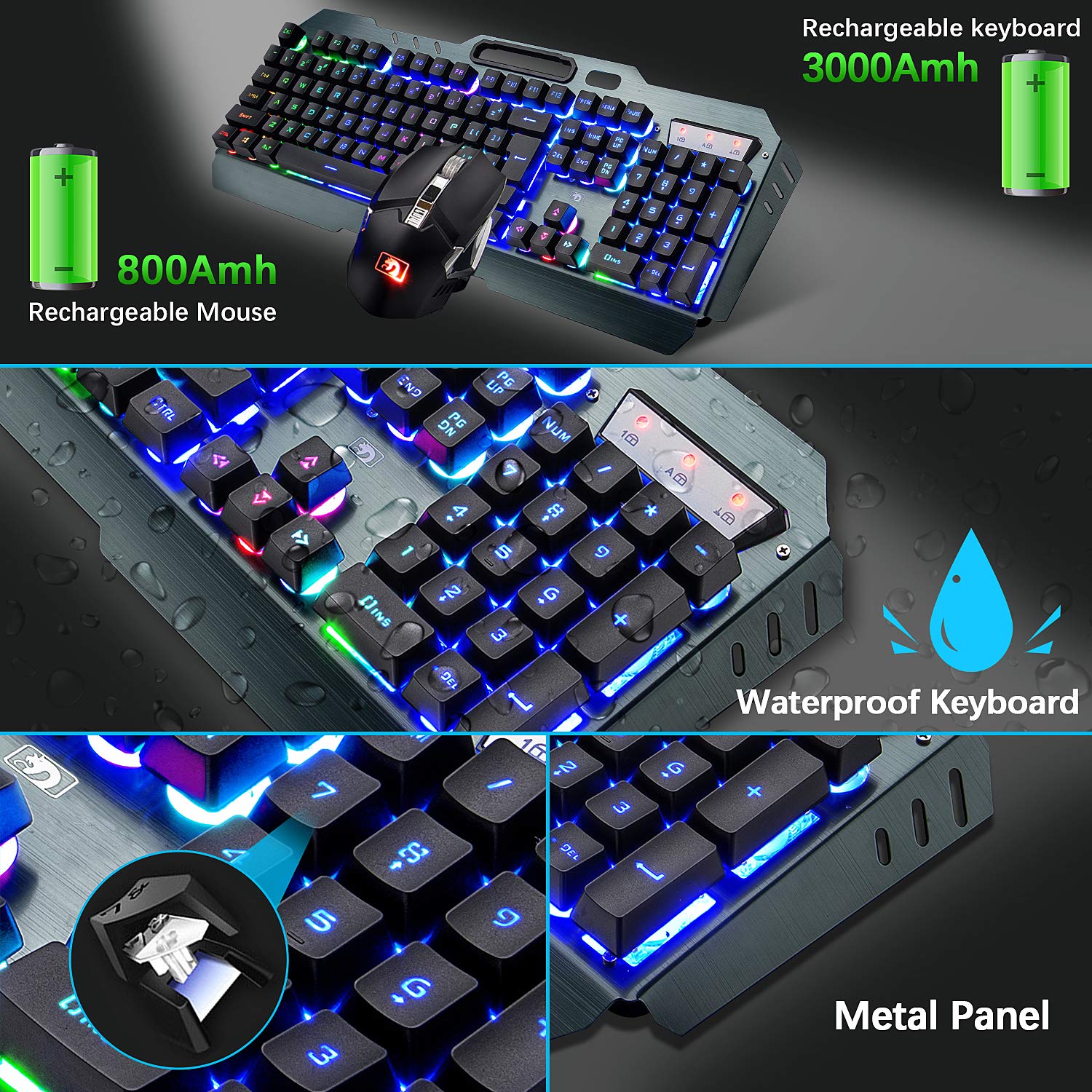 Wireless Keyboard and Mouse Combo,Rainbow Backlit Gaming keyboard with Memory Foam Keyboard Wrist Rest,Rechargeable 3800 mAh Battery,Metal Panel,Mechanical Feel,Ergonomic,Gaming Mouse for PC Gamers