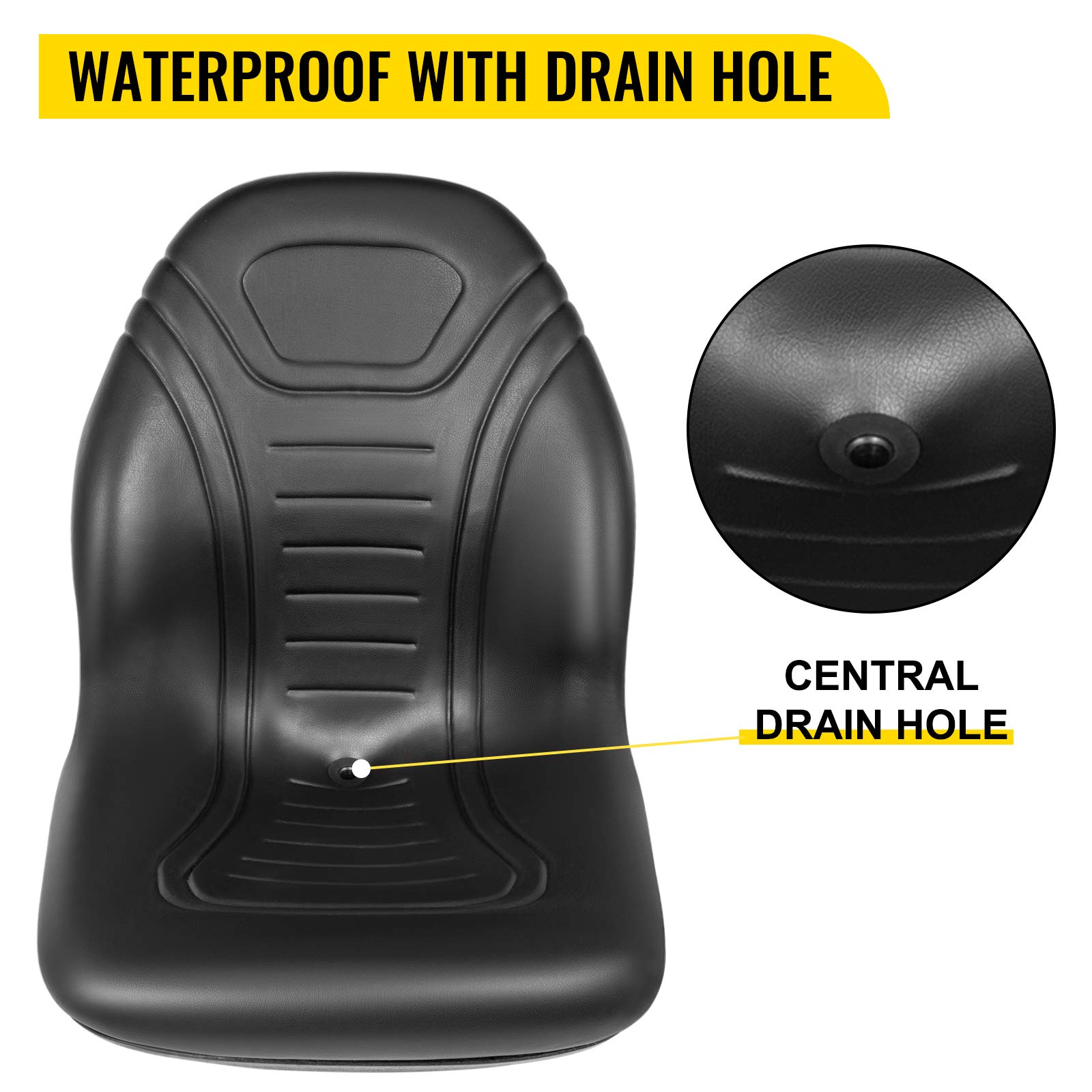 VEVOR Universal Tractor Seat Replacement, Compact High Back Mower Seat, Grey Vinyl Forklift Seat, Central Drain Hole Skid Steer Seat with Mounting Bolt Patterns of 8" x 11.5" & 11.25" x 11.5"