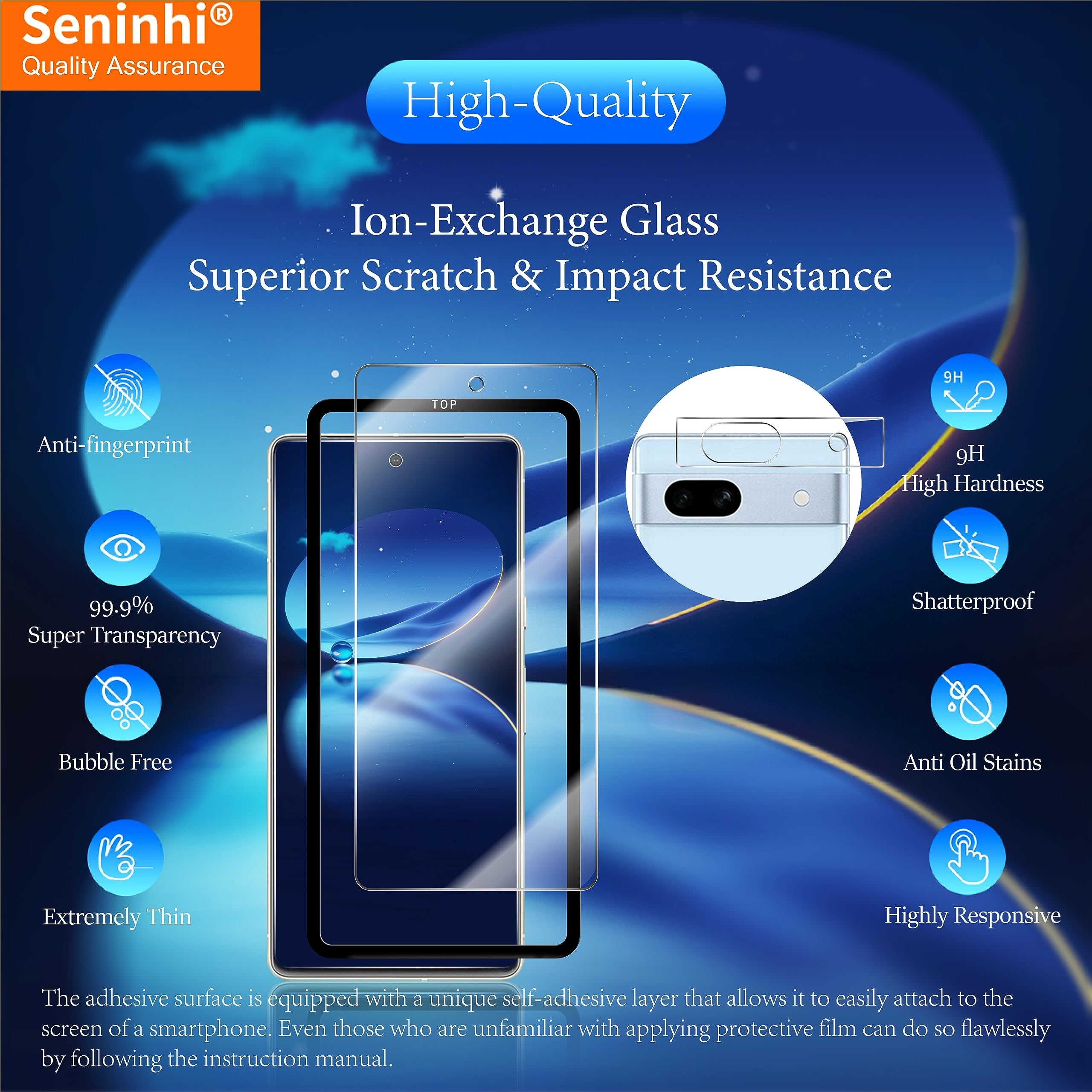 Seninhi [3+3Pack] for Google Pixel 7A Screen Protector 3Pack + Camera Lens Protector 3Pack, Tempered Glass Screen Protector [With Easy Installation Frame] [9H Hardness] [Anti-Scratch] [Bubble