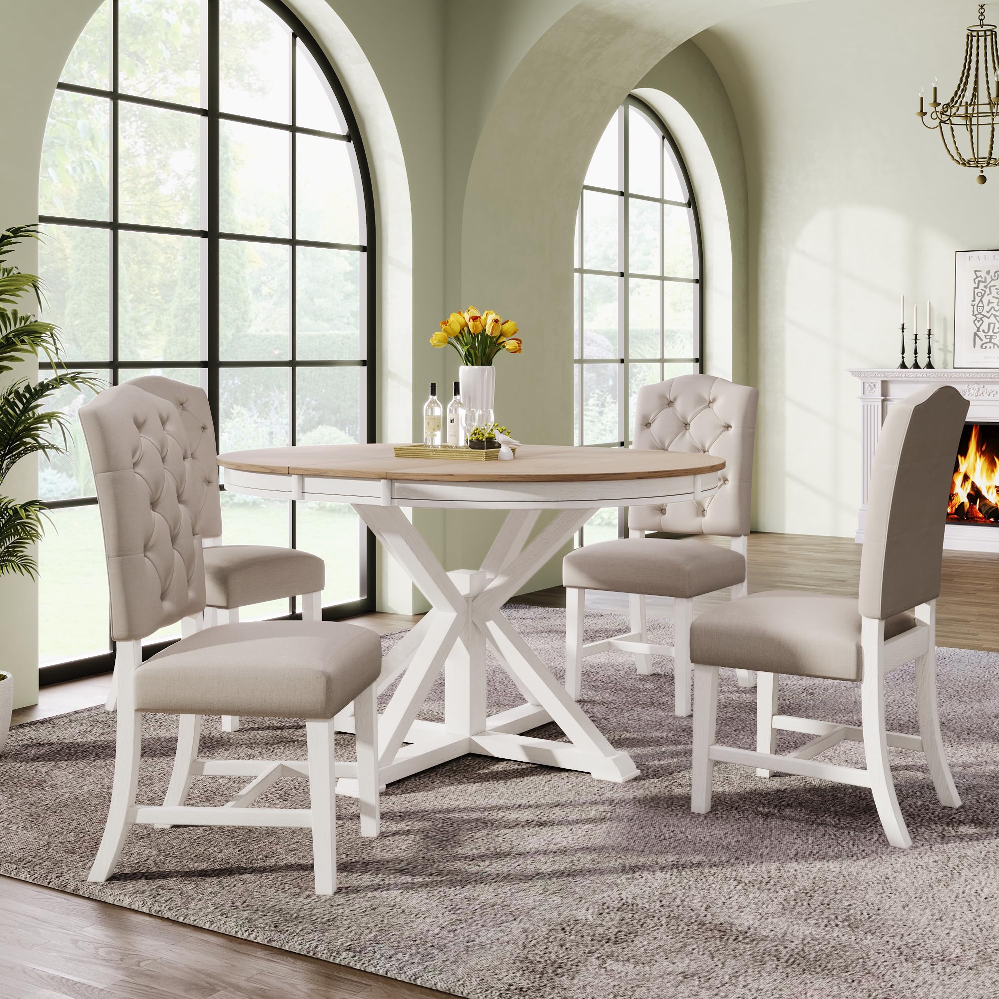 RUNWON Retro Style 5-Piece Extendable Round Dining Table Set with 4 Upholstered Chairs for Kitchen, Oak Natural Wood + Off White