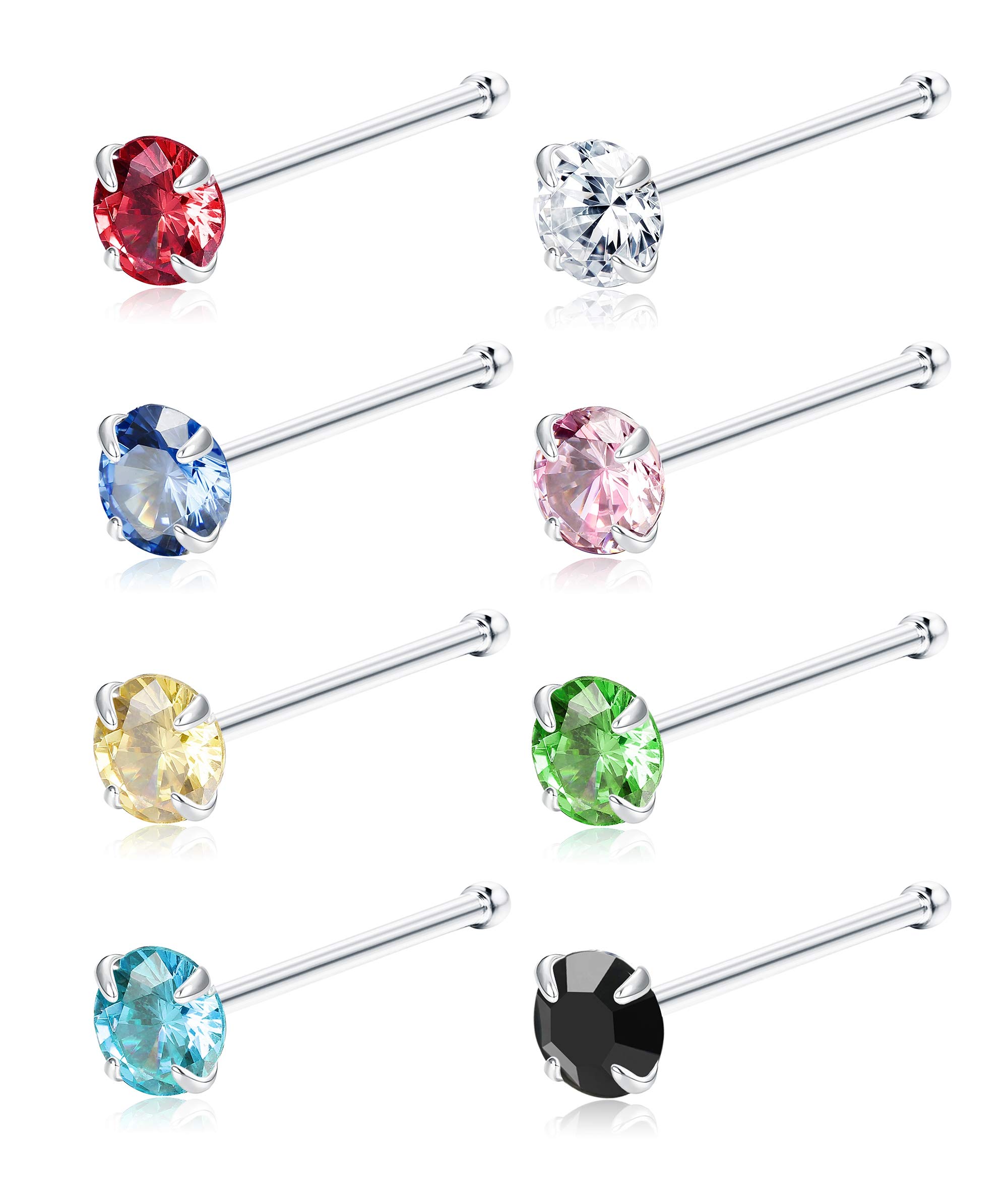 Sllaiss 8Pcs 22G Sterling Silver Nose Rings Studs Pin for Women Men 3MM Mix Color Round Czech Crystal Nose Body Piercing Jewelry