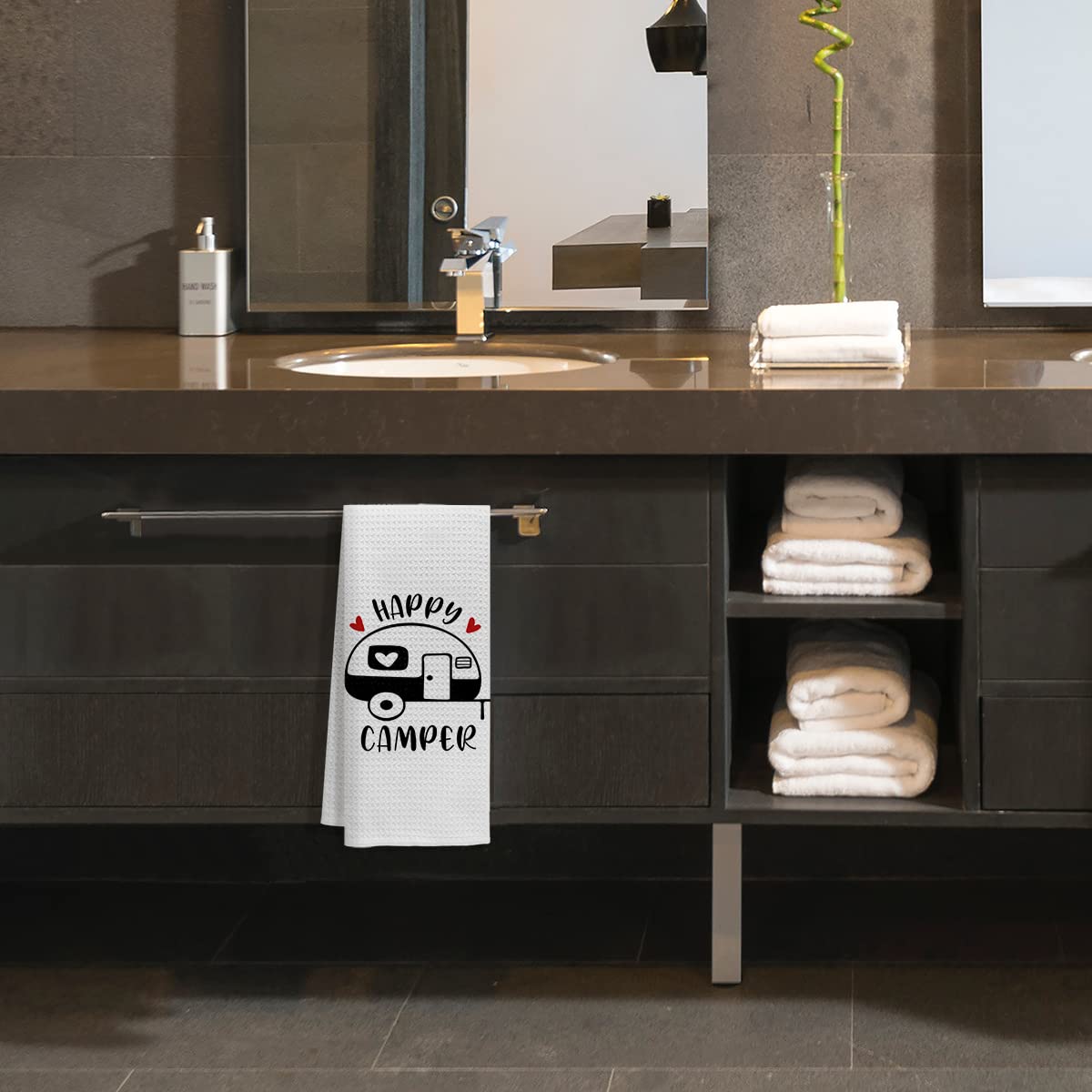 Voatok Happy Camper Camping Hand Towels Kitchen Towels Dish Towels,Cartoon RV Camping Decor Towels,Campers Camping Lovers Adventurers Men Gifts