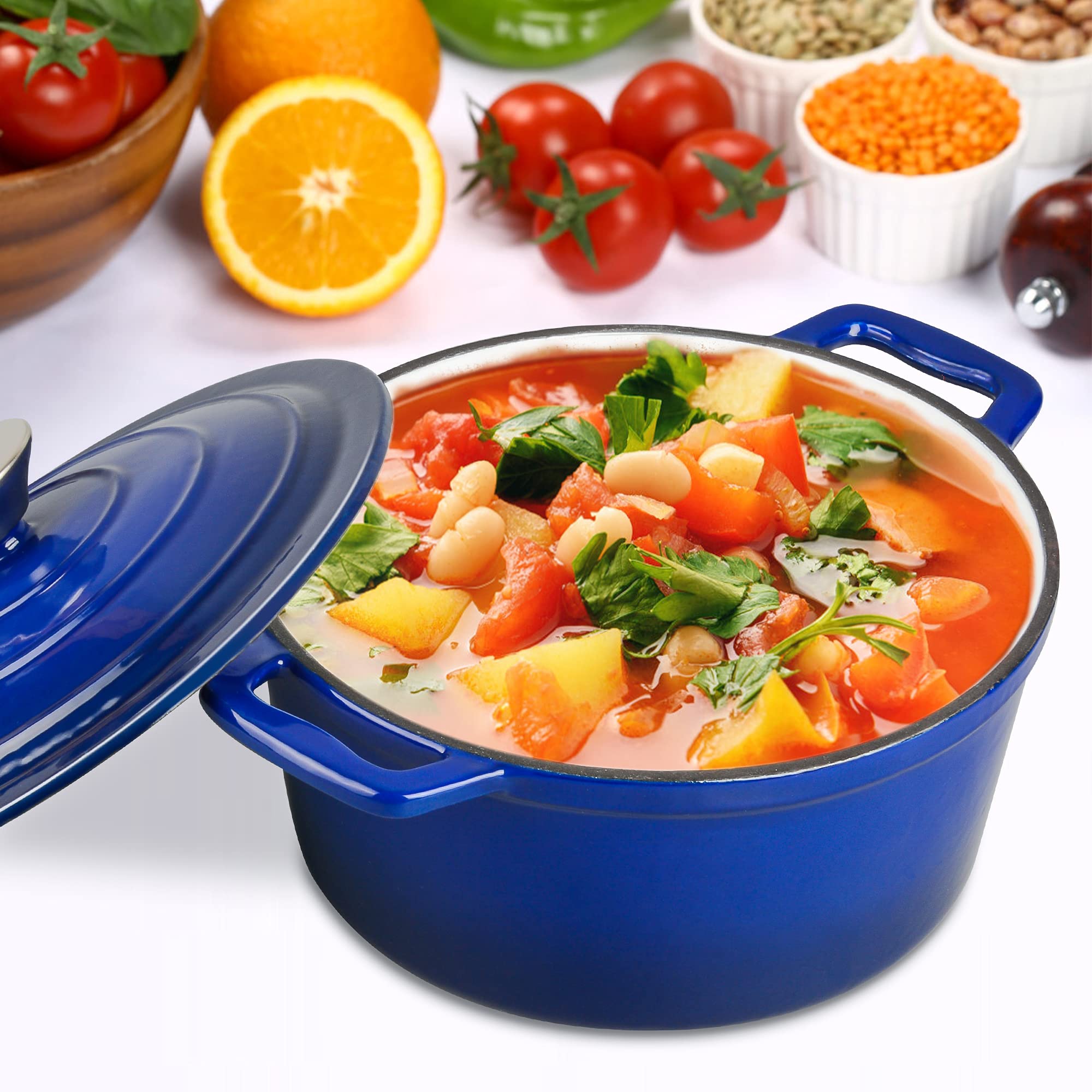 WESMART 3 Quart Non-Stick Heavy-Duty Cast Iron Dutch Oven Pot w/Enamel Coating, Large Loop Handles, for Baking, Roasting, Braising, Gas, Electric, Induction, Oven Compatible, 3 Qt for 3-4 people