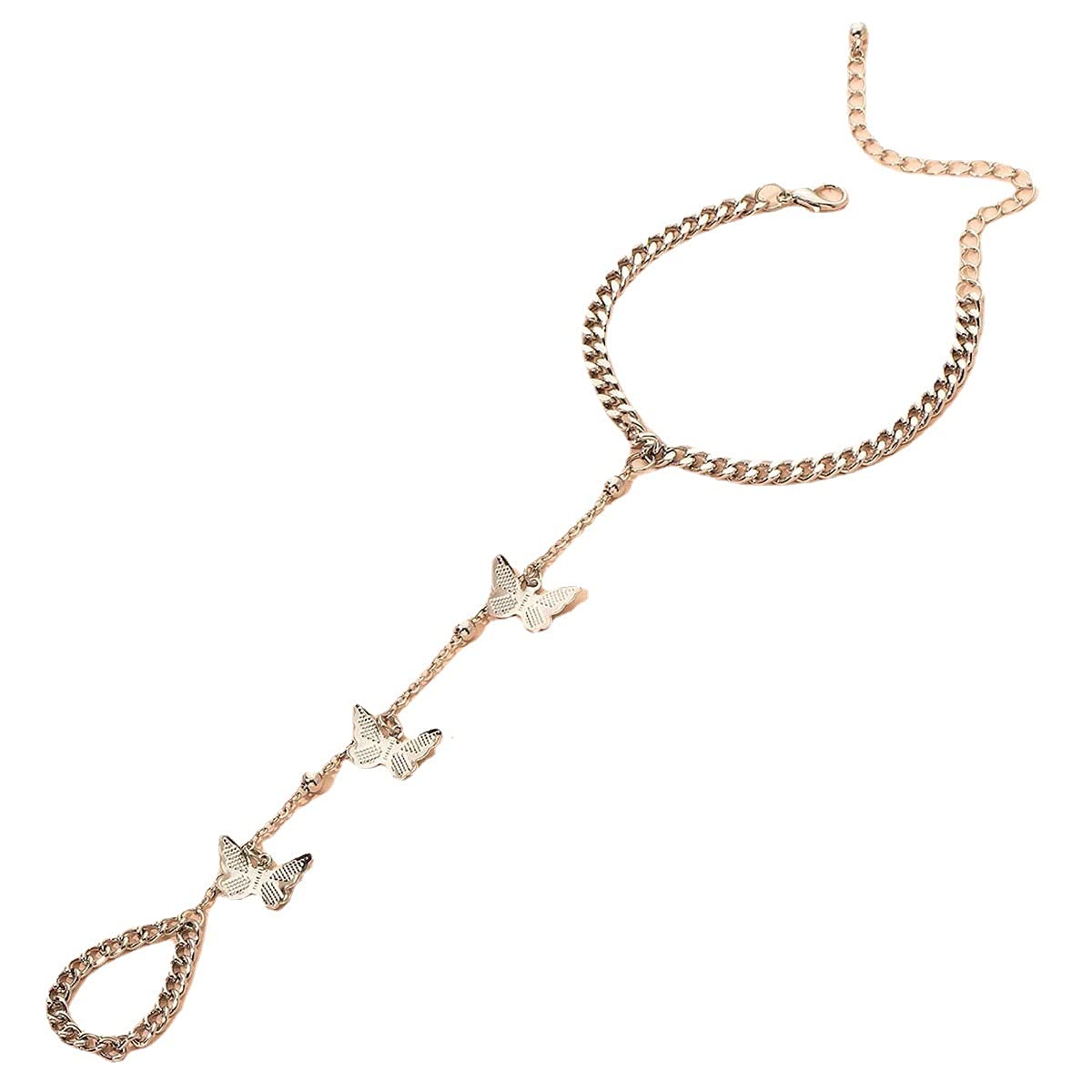 YERTTER Dainty Finger Ring Link with Butterfly Bracelet Bangle Simple Trendy Retro Style Butterfly Pendant Chain Link Bracelet Prom Birthday Party (Gold)