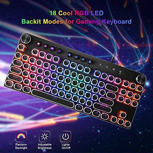STOGA Mechanical Keyboard, 87 Keys Brown Switch RGB Keyboard with Media Control Knobs, Retro Round Keys Gaming Keyboard, Black