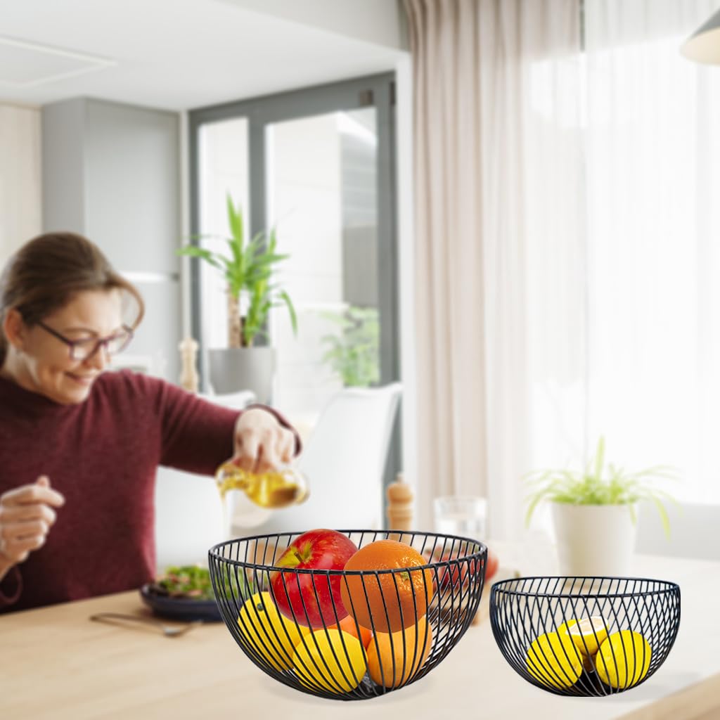 vocheer Metal Wire Fruit Basket, 2 Pcs Round Black Metal Bowl Vegetable Holder Decorative Stand for Bread, Snacks, Households Items Storage