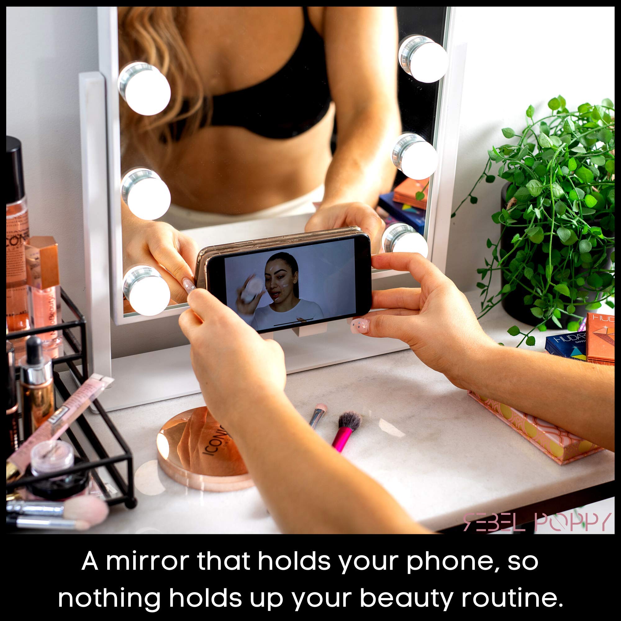 REBEL POPPY Vanity Mirrors with LED Lights - Phone Mount, 3 Lighting Touch Control, 18.5β x 14.8β, Fogless - Hollywood Lighted Makeup Mirror (White)