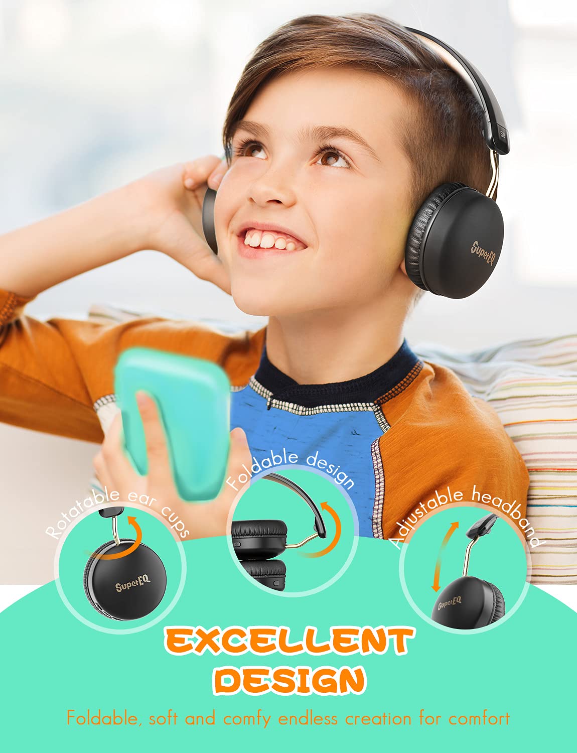 SuperEQ S8 Active Noise Cancelling Headphones, On-Ear Bluetooth Headsets w/ Built-in Mic for Kids, Adults, Wireless & Wired 2-IN-1, 18 Hrs Playtime, HiFi Audio for PC Computer, Laptop, Tablet, Phones