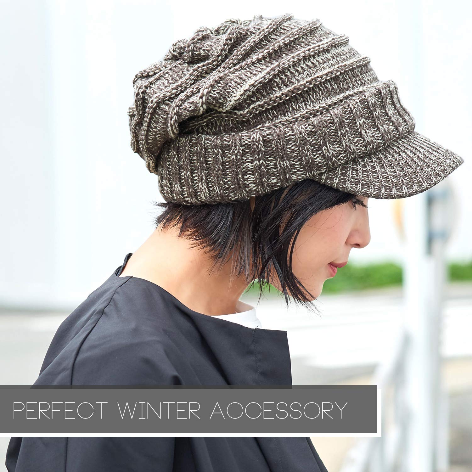 Slouchy Beanie Brim Hat - Mens Slouch Cap Womens Warm Slouchy Brim Cable Knit with Brimmed Visor Black