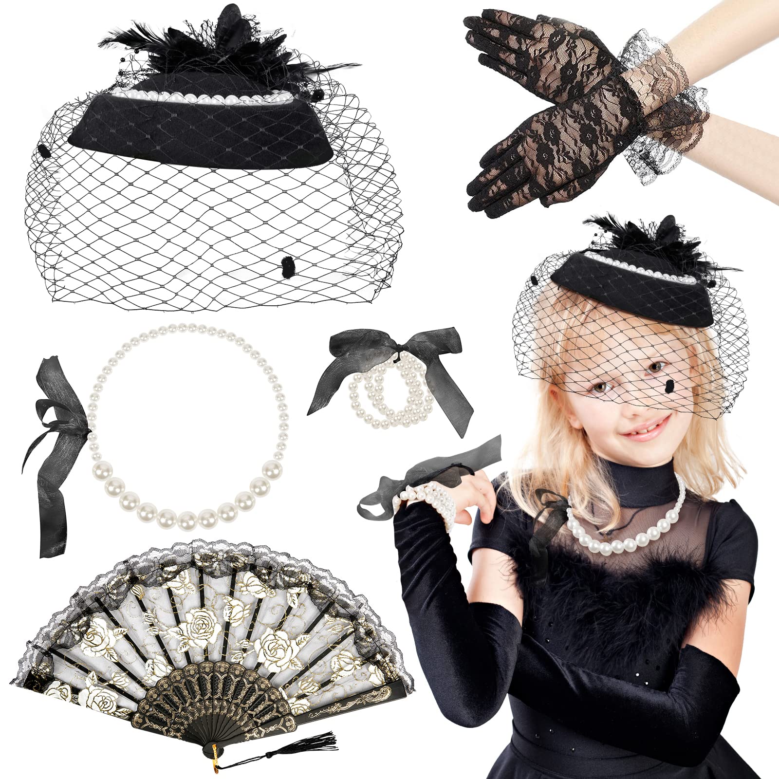 RGISHOP 5 Pcs Girls Tea Party Supplies,Kids Tea Party Favors Set for Little Girls with Black Hat Lace Gloves Folding Fan Necklace Bracelet for Kids Tea Party Decor Costume Accessories