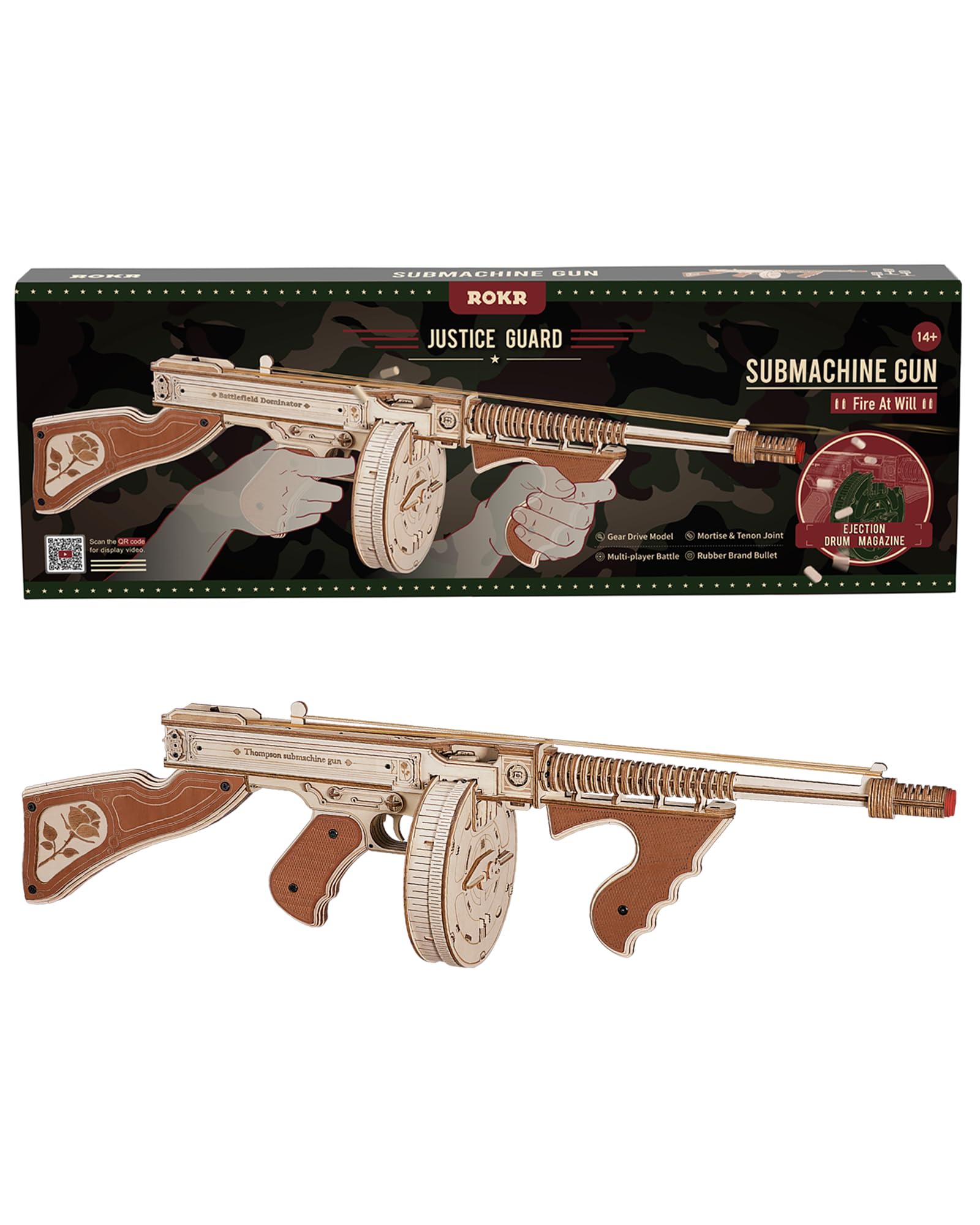 ROKR 3D Wooden Puzzles for Adults 275pcs Submachine Gun Rubber Bands Gun Toy DIY Building Model Kits Assembly puzzle Gifts for Teens