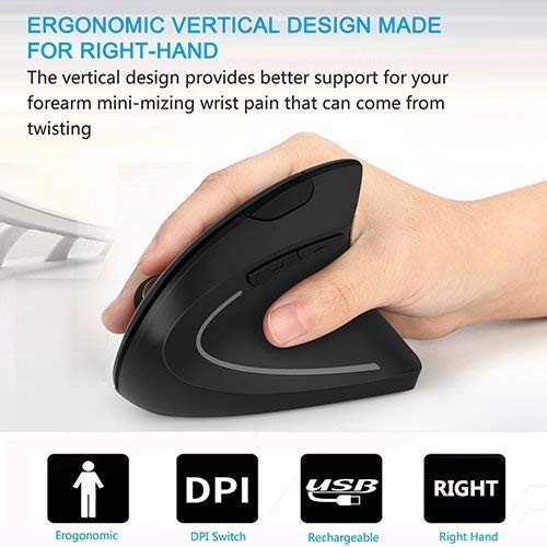 Rechargeable Wireless Vertical Ergonomic Mouse, 2.4G USB Optical Vertical Mouse with 3 Adjustable DPI 800/1200/1600 Levels 6 Buttons for Computer, Laptop, PC, MacBook- Black