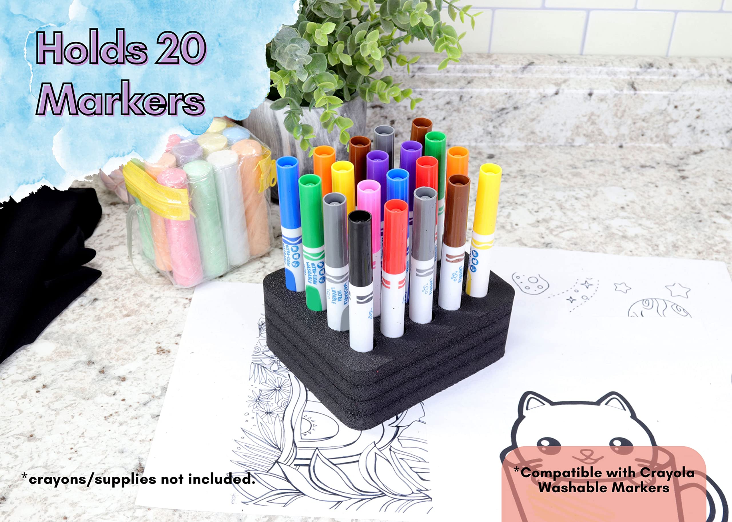 Polar Whale 4 Washable Marker Desk Stand Organizers Compatible with Crayola and Others Design Storage Tray Supply Non-Scratch Non-Rattle Washable Durable Black Foam Each Holds 20