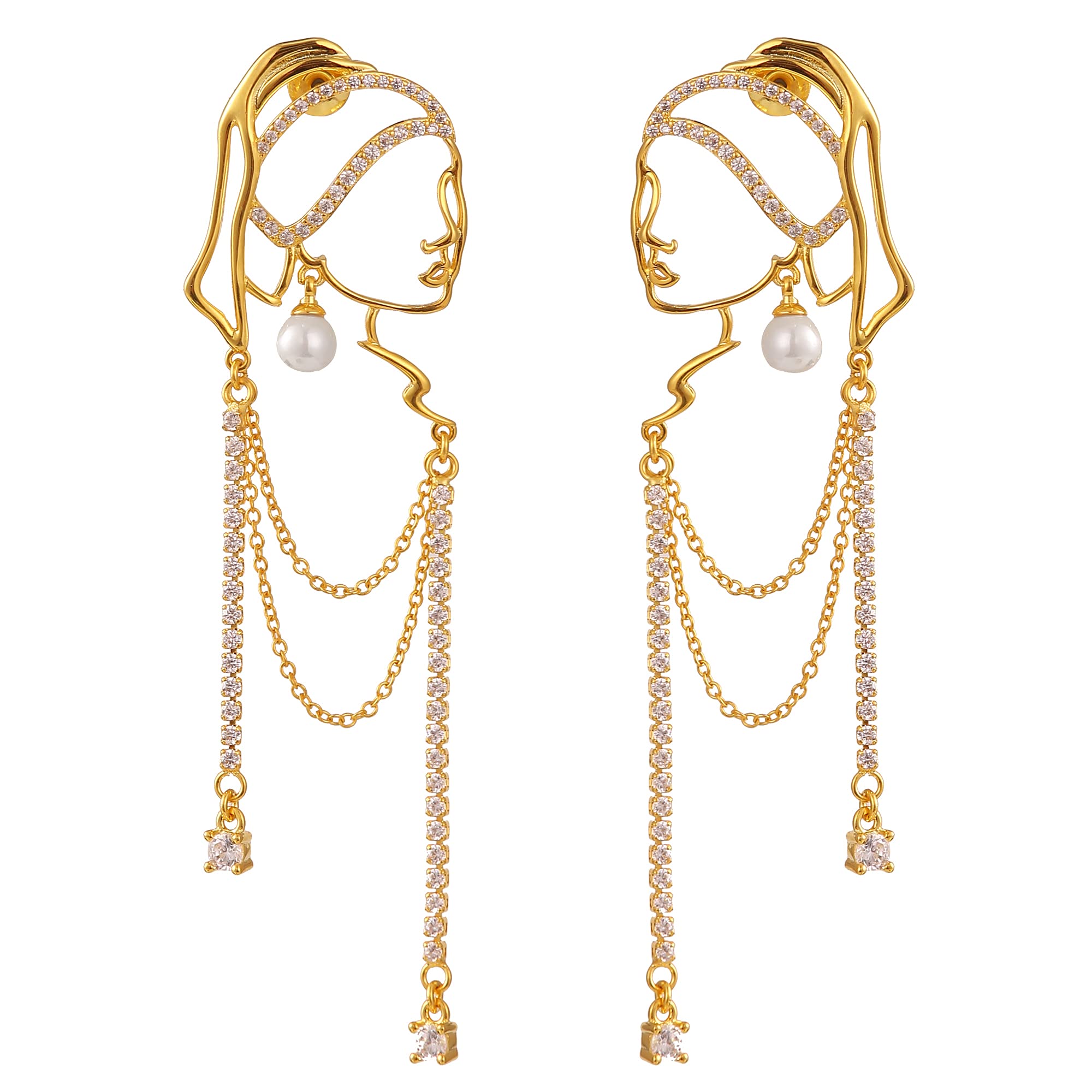 Unique abstract face Art earrings dangle statement long earrings for women rhinestone tassel handwork earrings jewelry fashion chandelier earrings (gold)