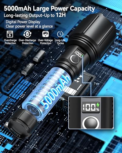 Rechargeable Flashlights High Lumens Flash Light, 250000 Lumen Super Bright LED Flashlight, 5 Modes, 5000 ɱAh, Digital Power Display, IPX6 Waterproof Handheld Flashlight for Emergencies, Camping