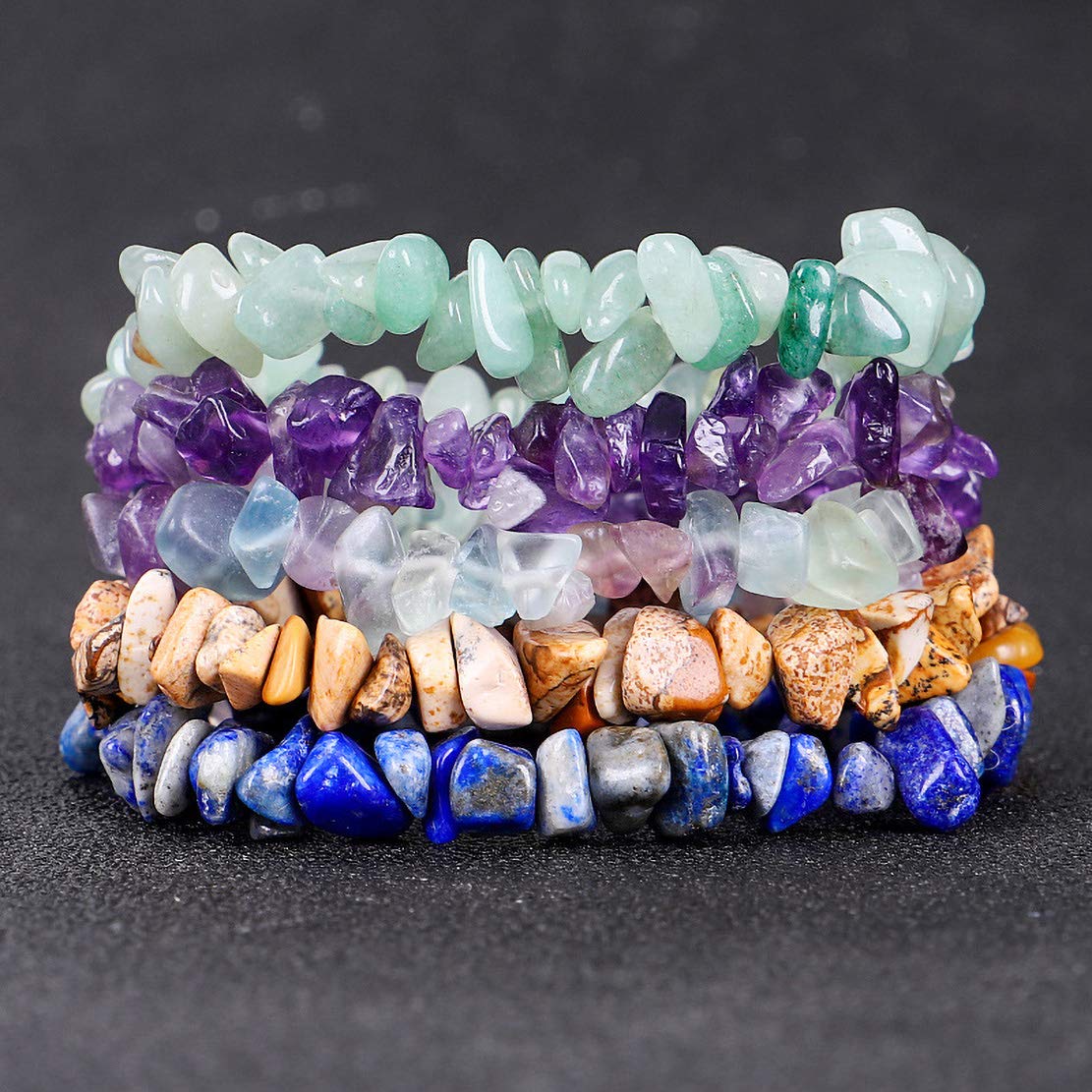 WAINIS 15 Pcs Natural Gemstone Chakra Crystal Bracelets for Women Stretch Chips Reiki Bracelets Set Adjustable
