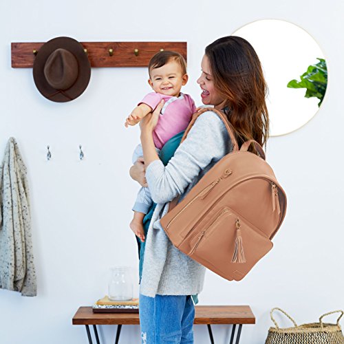 Skip Hop Diaper Bag Backpack: Greenwich Multi-Function Baby Travel Bag with Changing Pad and Stroller Straps, Vegan Leather, Caramel