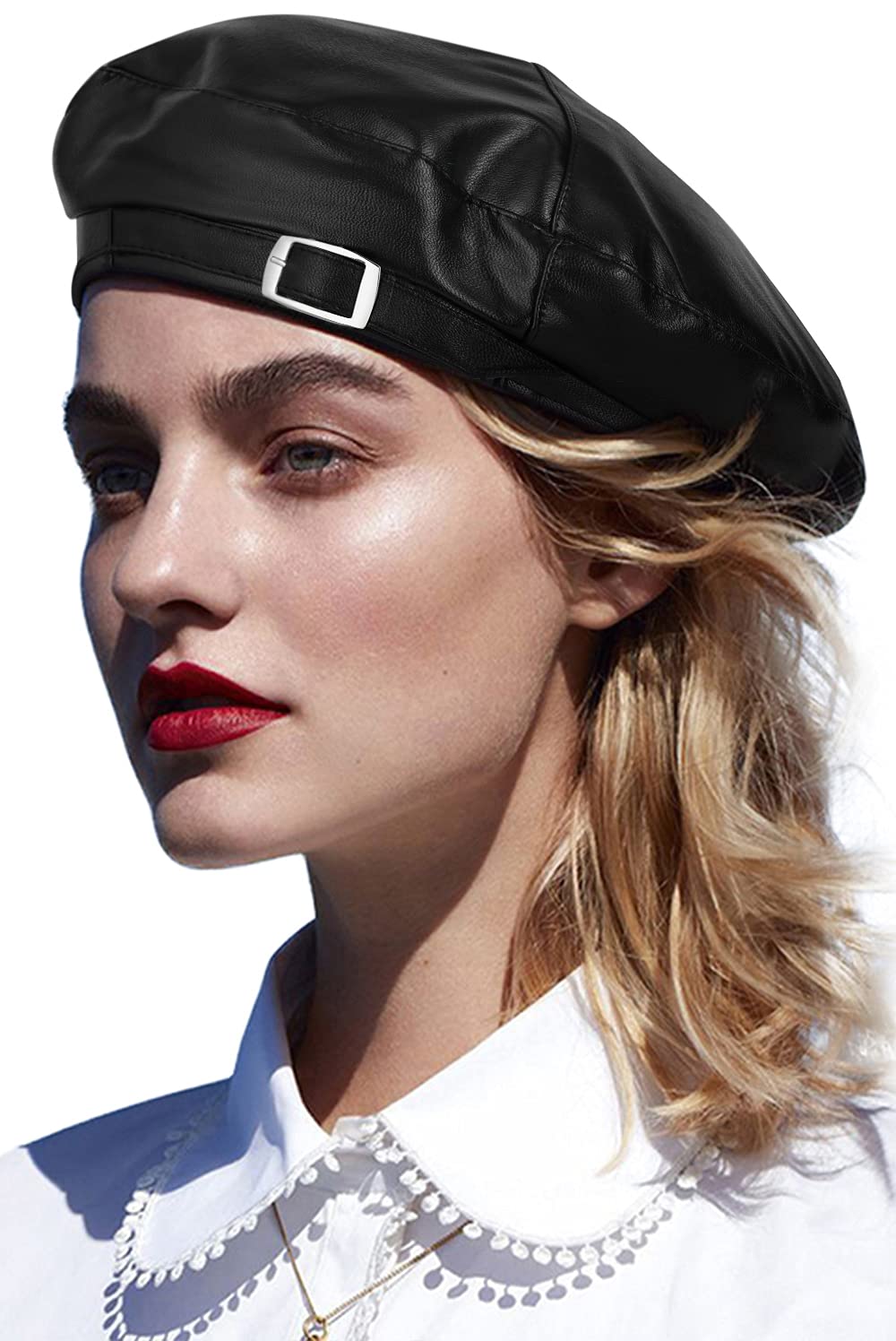 WETOO Women Beret Hat PU Leather Beret French Black Beret Artist Beret Cap