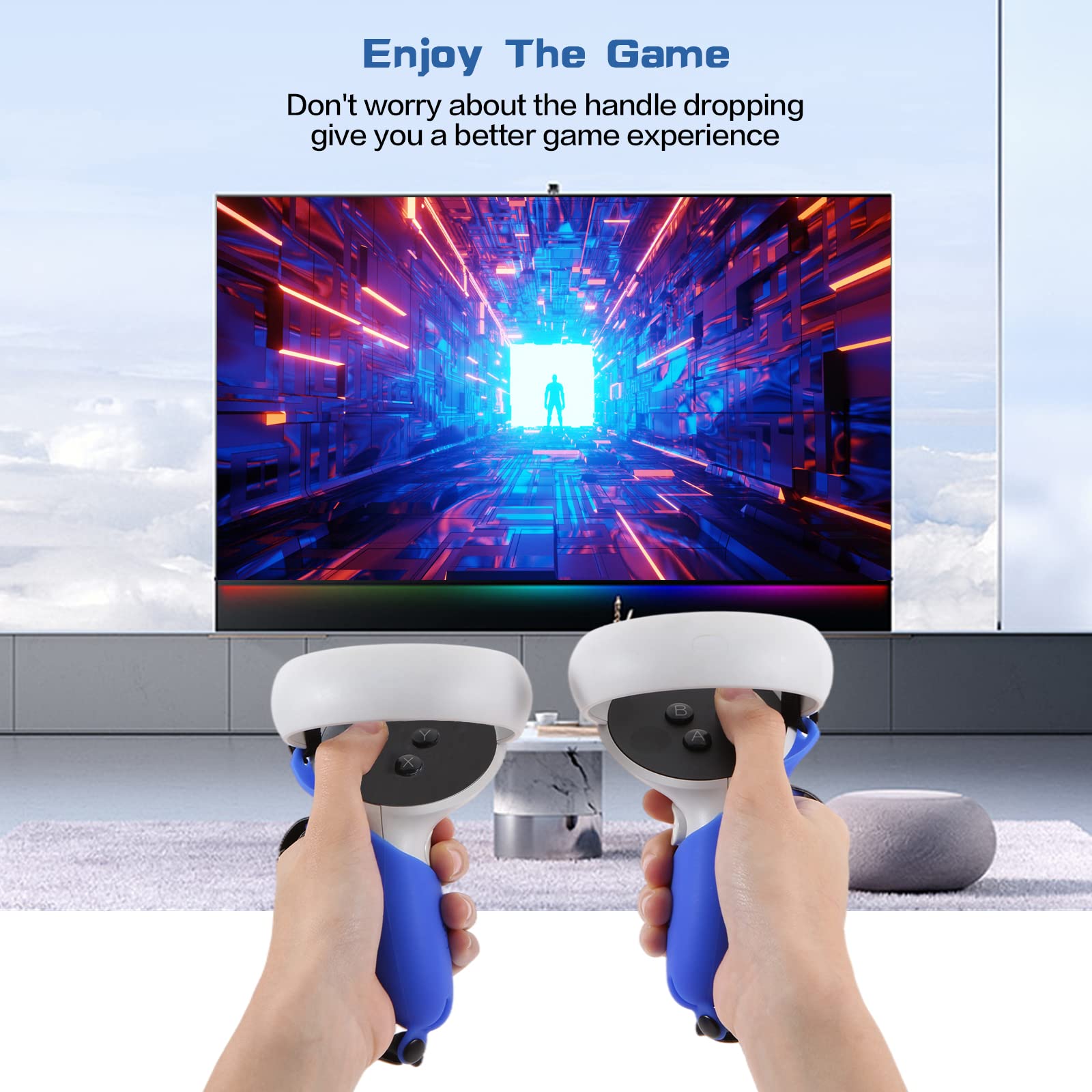 VR Touch Contrller Grips Cover Compatible with Oculus Quest 2,with 1Pcs VR Silicone Face Pad,Lens Protection Cover,Thumbstick Covers,Sweat-Proof/Anti-Throw/Adjustable (Blue/4Pcs Set)