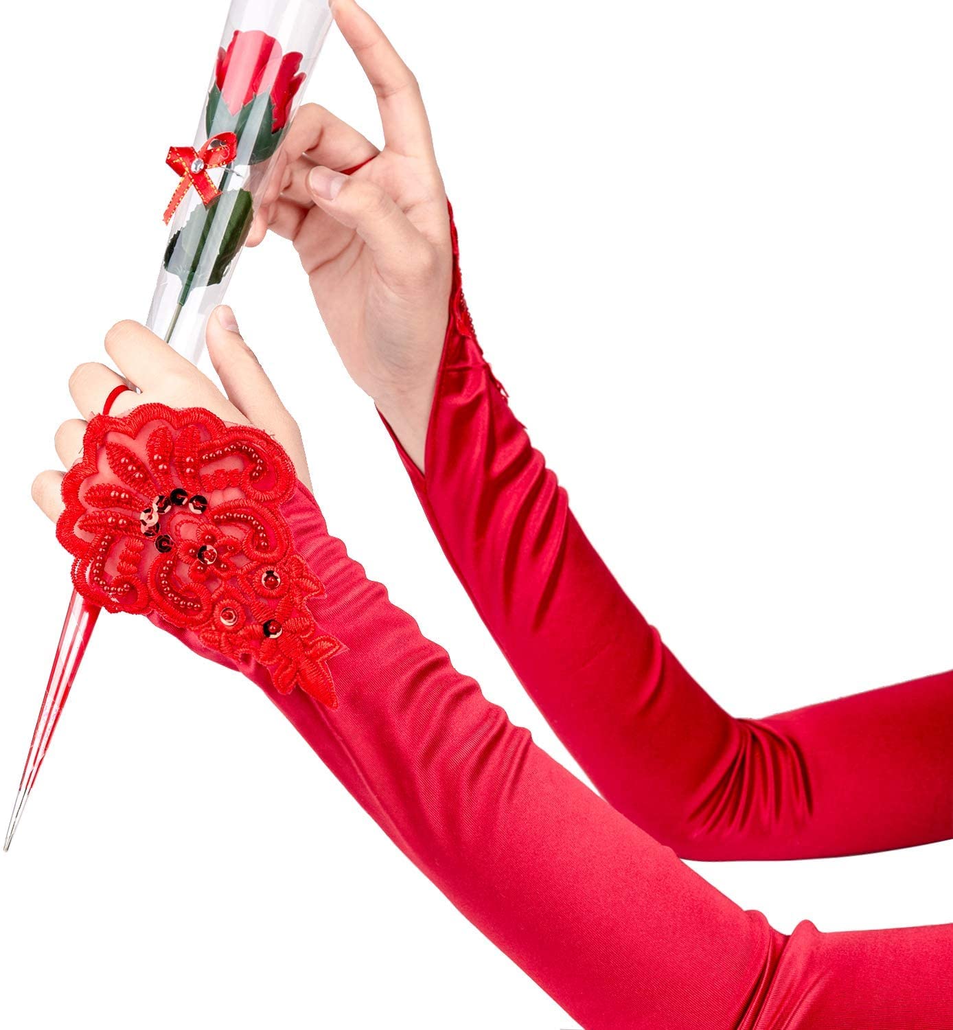 SAVITA Fingerless Long Red Gloves Pierced Elbow Length Satin Gloves 19" Stretchy Opera Evening Party 1920s Gloves for Women
