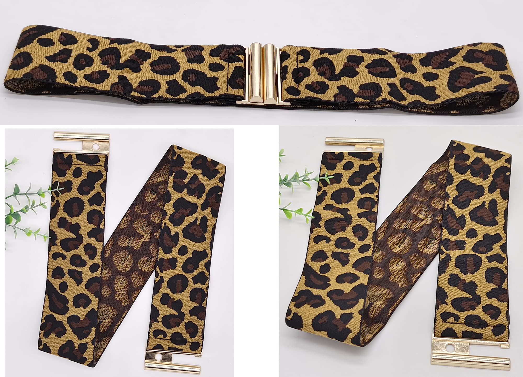 Women's Ladies Elastic Vintage Leopard Print Obi Belts Stretchy Retro PU Leather Waist Cinch Belt (Leopard Gold, Below 39")