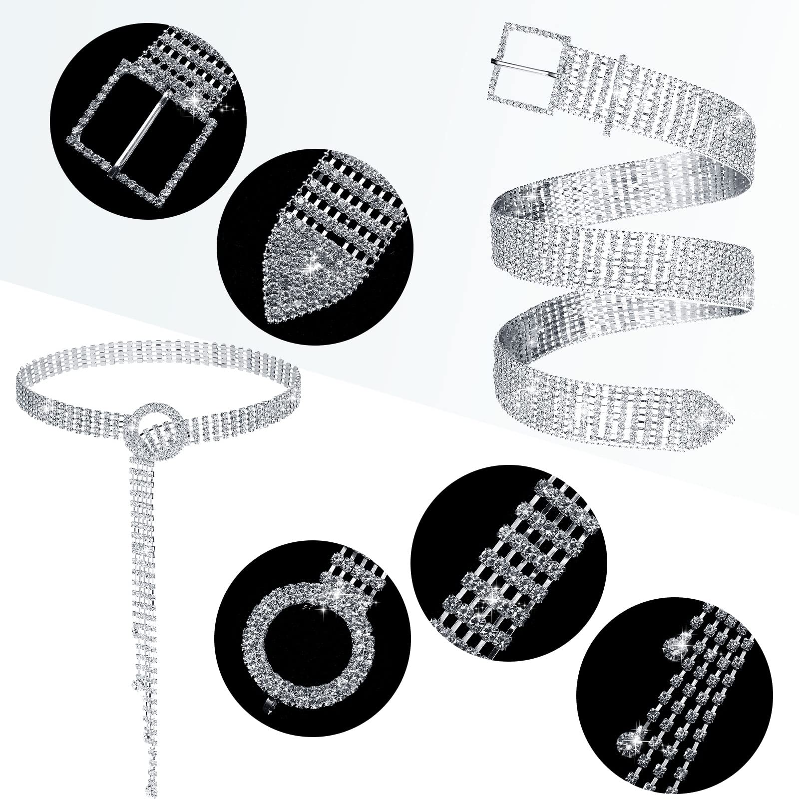 Vicenpal Rhinestone Belt 2 Pieces Shiny Crystal Ladies Waist Belt O Ring Belts for Women Wide Silver Chain Belt Bling Diamond Belt