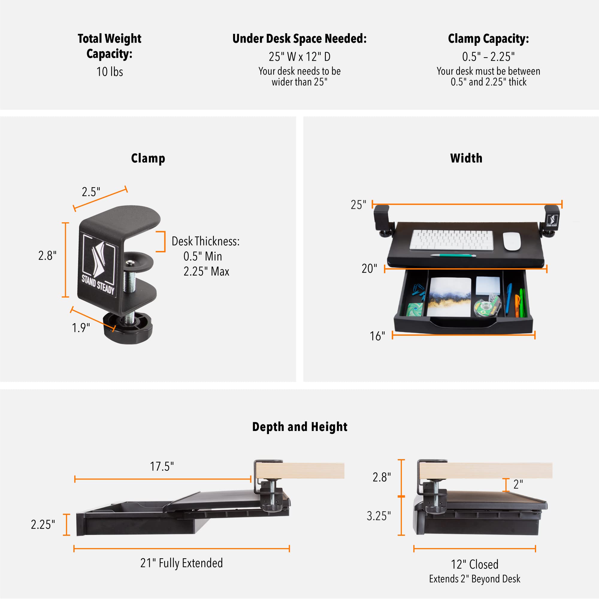Stand Steady Clamp On Keyboard Tray with Drawer | Two in One | Under Desk Storage w/Damage-Free Easy Installation - No Drilling Needed | 3 Compartment Organizer w/Removable Dividers (24.5 x 11.8)