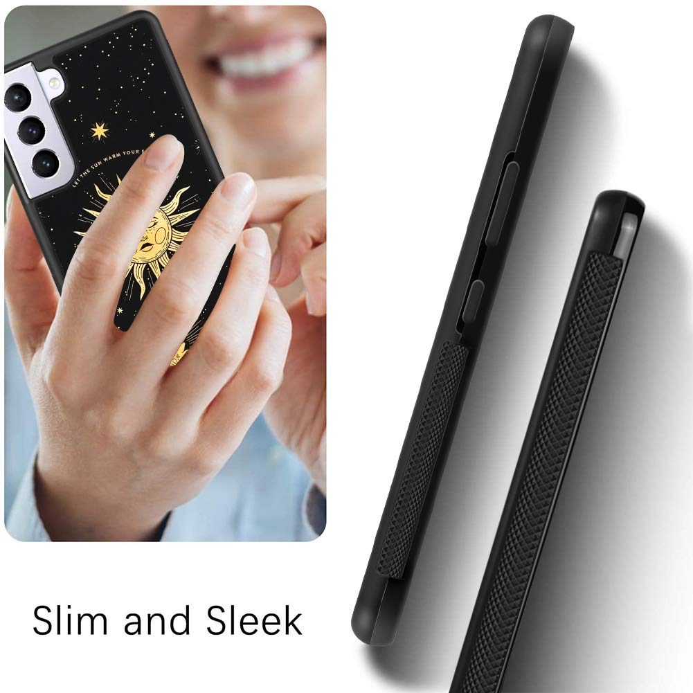TEAUGHT Samsung Galaxy S21 5G Case (2021) 6.2 Inch Cute Moon Sun Star Universe Pattern Black Non-Slip Edge Hard PC Soft TPU Bumper Slim Shockproof Drop Protection