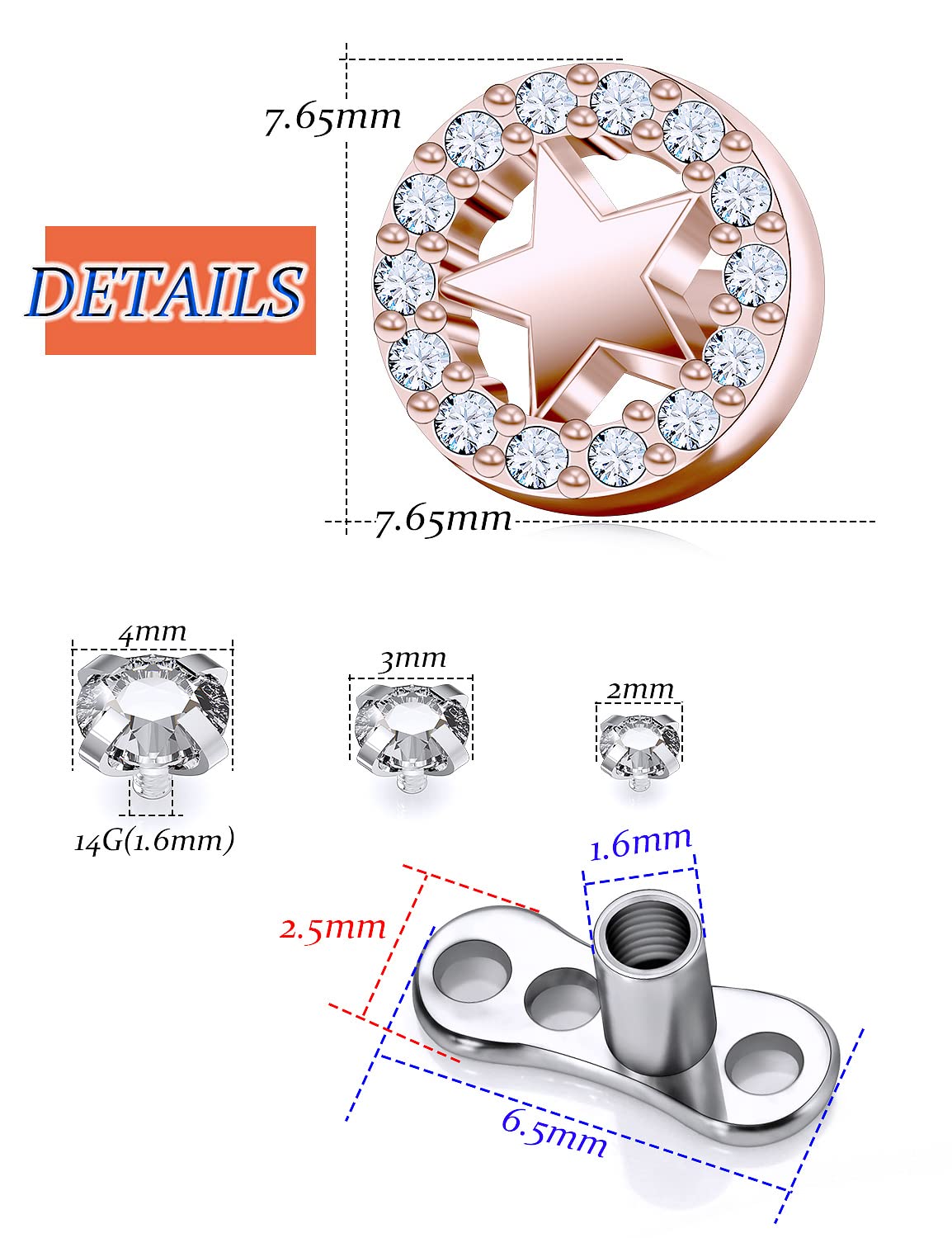 Vsnnsns 14G Dermal Piercing Jewelry Anchor Tops Dermal Tops Titanium Base Microdermals Piercing for Women Men Internally Threaded Dermal Anchor Tops CZ 2mm 3mm 4mm Rose Gold 17Pcs