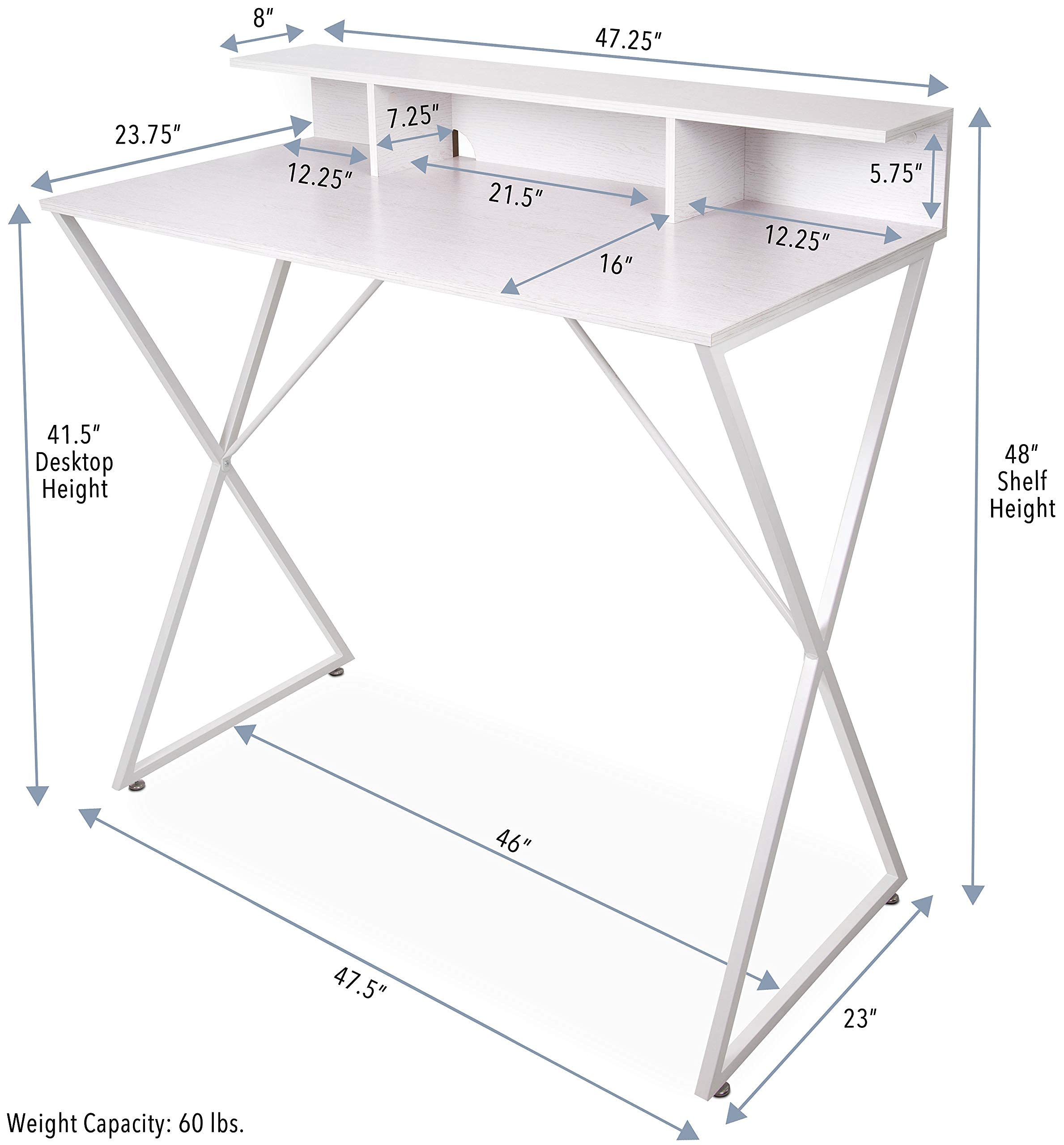 Stand Steady Joy Standing Desk | Pretty Standing Desk with Shelf & Built-in Storage Cubbies | Modern Stand Up Workstation | Tall Desk & Reception Table for Home, Dorm & Office (White / 48in x 42in)