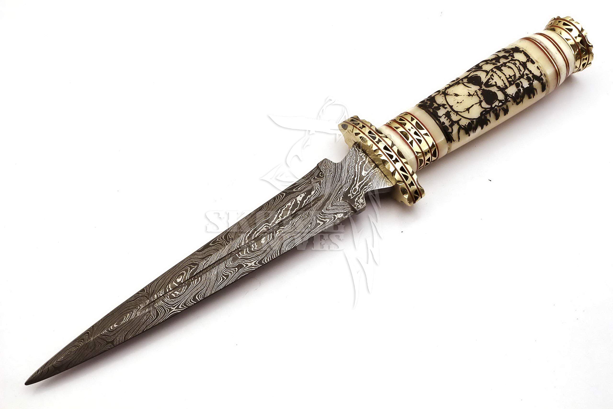 Skokie Knives Custom Hand Made Damascus Steel Hunting Dagger Knife Handle Camel Bone with Scrimshaw