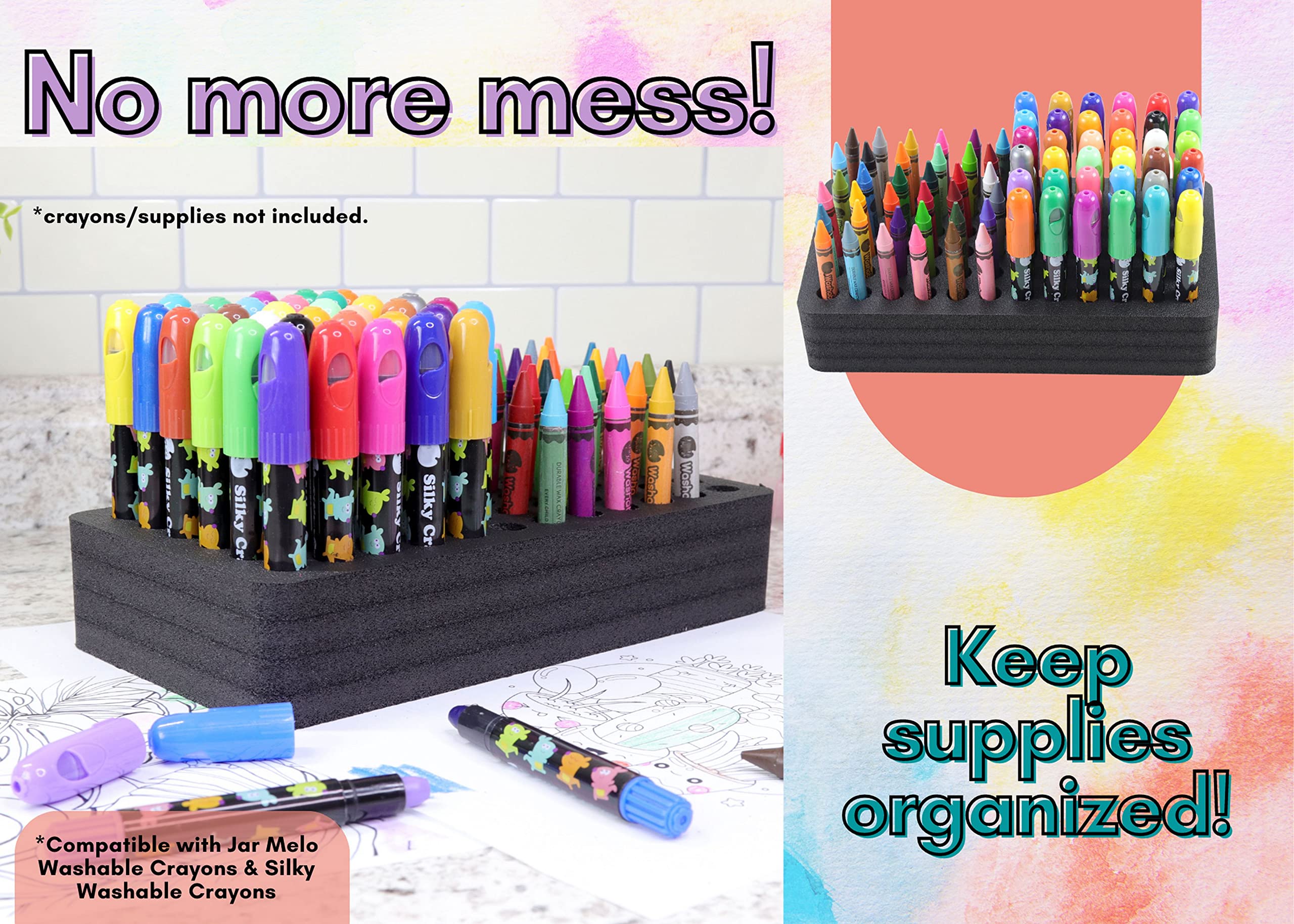 Polar Whale Jumbo Washable Crayon Desk Stand Organizer Compatible with Jar Melo and Others Design Storage Tray Supply Non-Scratch Non-Rattle Washable Durable Black Foam Holds 72