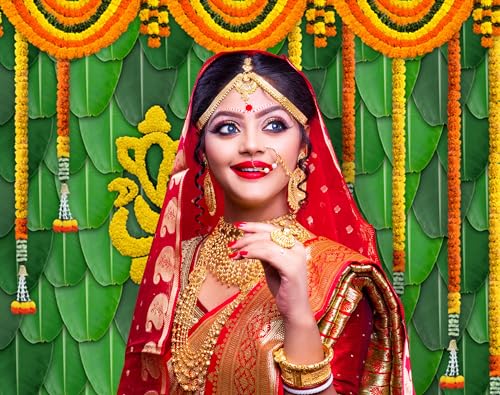 Ticuenicoa 7×5ft India Pooja Traditional Photography Backdrop Diwali Backdrops Banana Leaf Green Chatiya Ganesh Background Marigold Puja Ganpati Wedding Photo Tapestry Booth Props