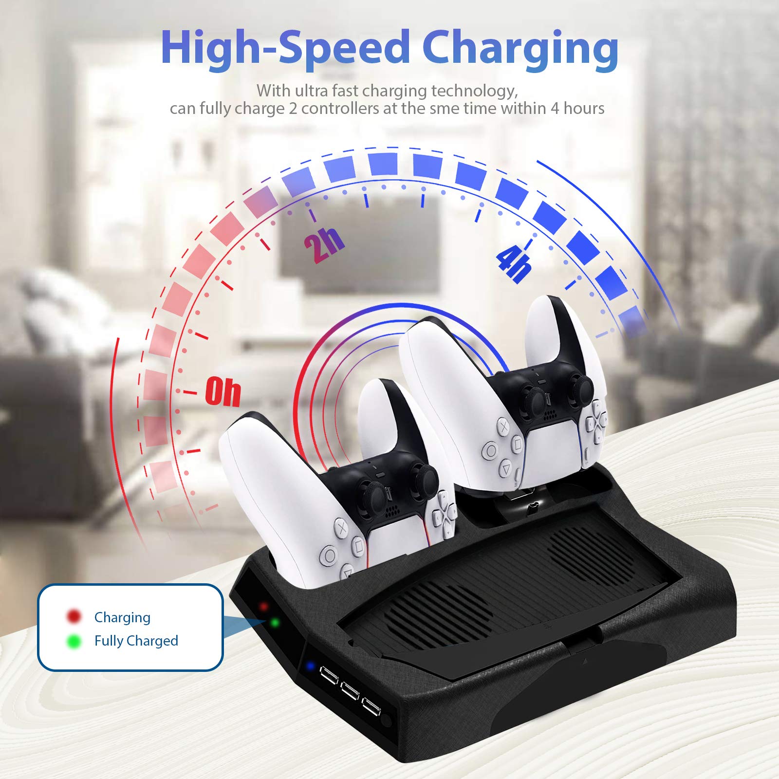 Vertical Stand for Playstation 5 with Cooling Fan Charging Station for PS5 Digital Edition/Ultra HD Console with Controller Charger Game Rack Storage Organizer 3 USB Ports for PS5 and DualSense