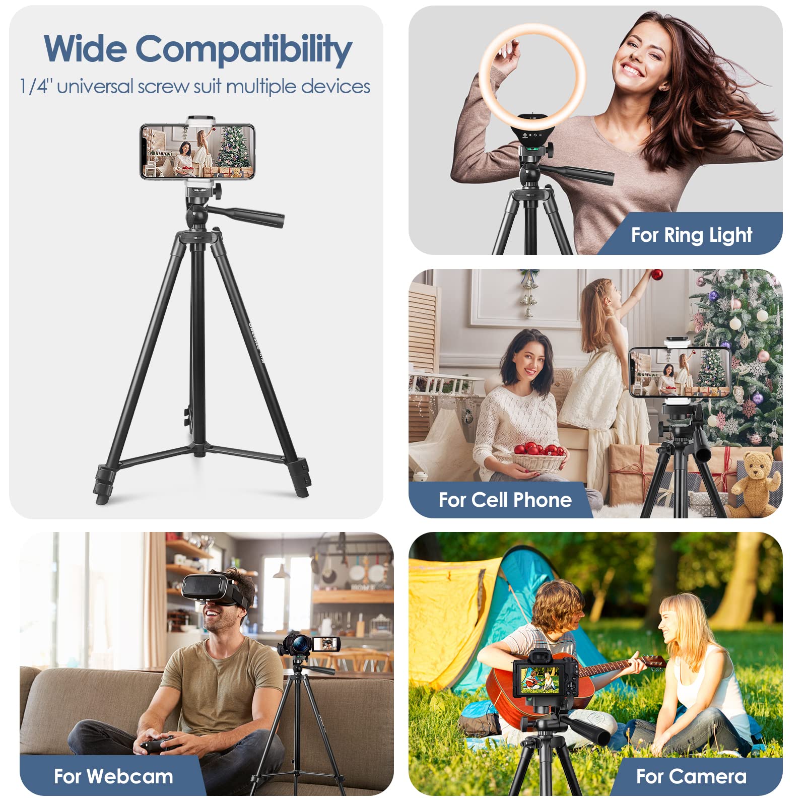 UBeesize 50-inch Lightweight Tripod for Cameras and Cell Phones, Aluminum Travel Tripod with Adjustable Phone Mount for iPhone and Android Black