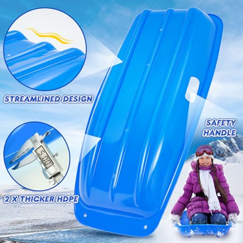 Snow Sled - 2 Pack Classic Sleds for Kids and Adults Flexible Toboggan with Handles Pull Rope Utility Plastic Sled for Winter Ski Sledding Sand Slider Downhill Outdoor - Blue, Red, 36"