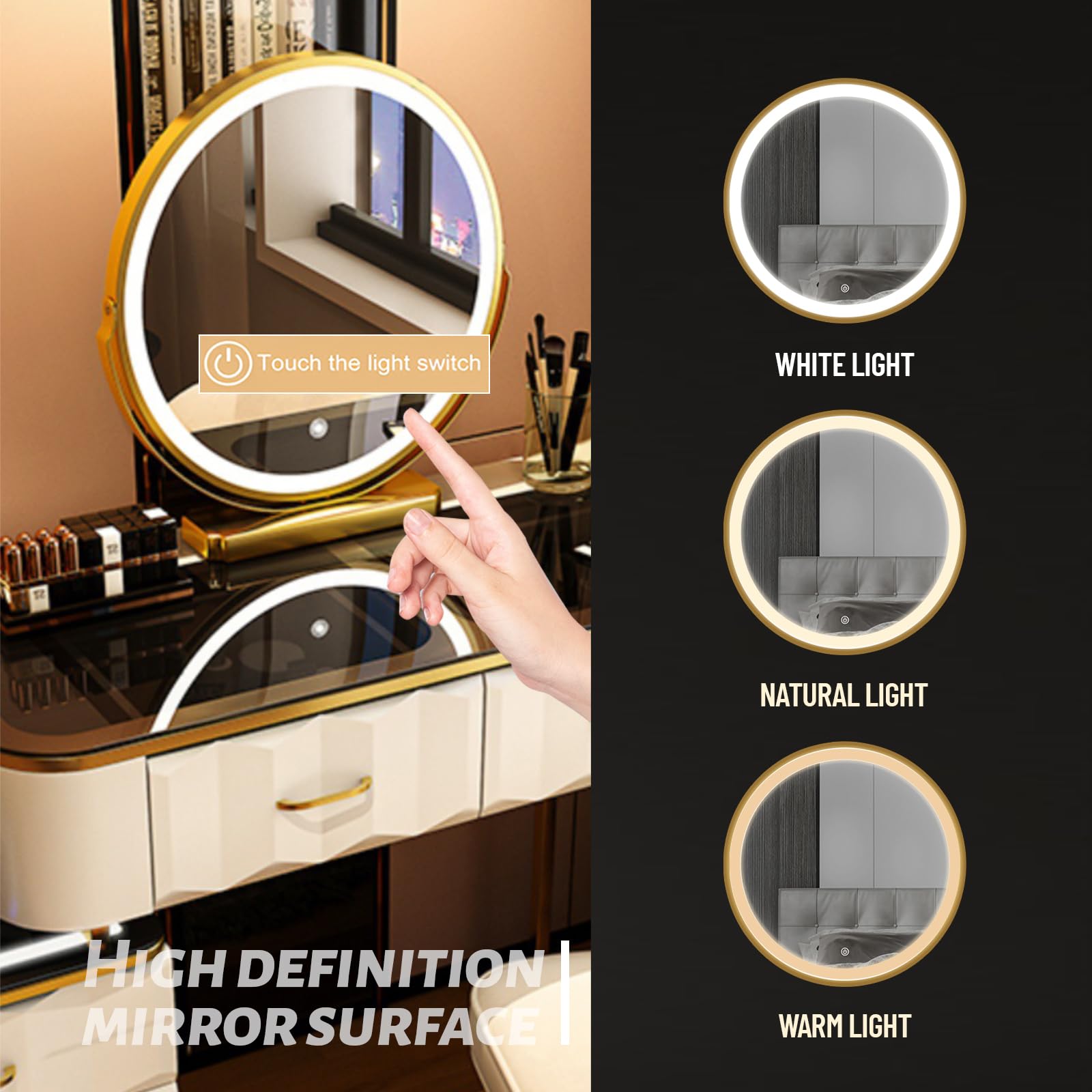 REDVOIU Vanity Set-Smart Vanity Desk with Bluetooth Speaker and Wireless Charging Station ,Mirror with Led Lights,5 Solid Wood Drawers,Include Vanity Chair (Petal Chair, White100CM/39.4IN)