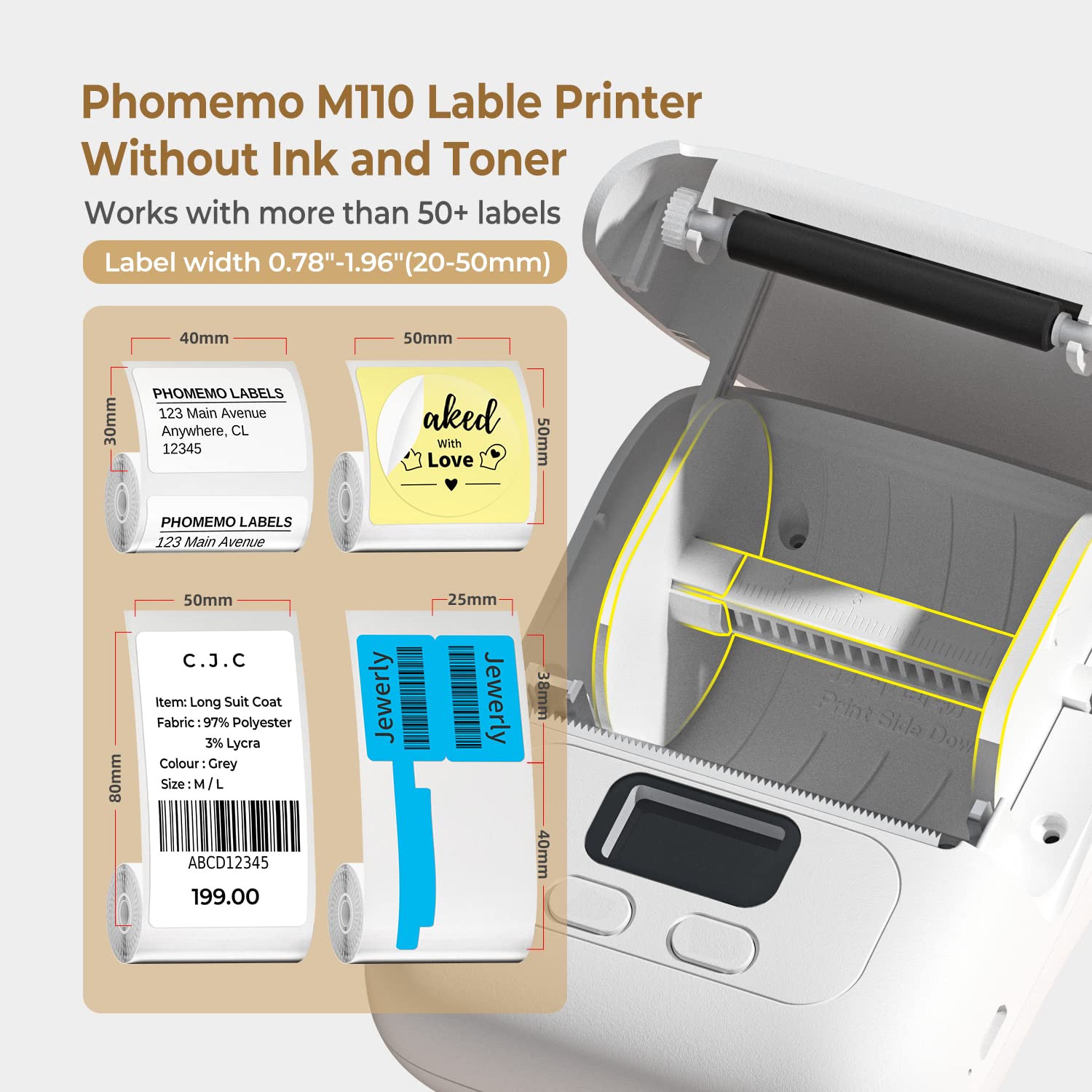 Phomemo M110 Label Makers - Portable Bluetooth Thermal Label Maker Machine,Label Printer for Barcode, Clothing, Jewelry, Retail, Mailing, for Android & iOS, with 1Pack 40ร30mm Label, White