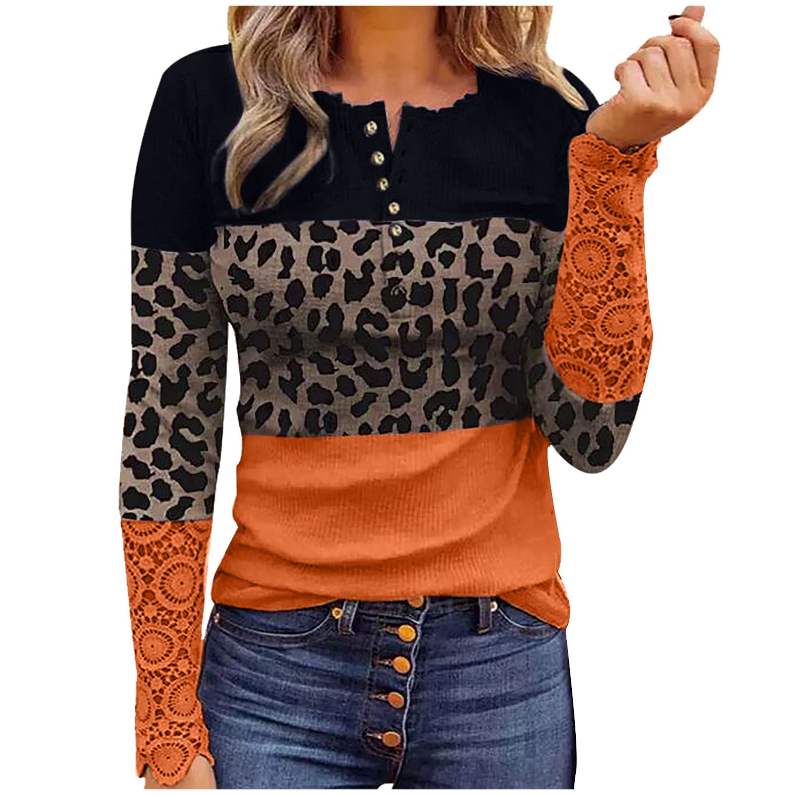 Womens Leopard Print Button Color Block Tops Sweaters Fashion Casual Lace Sleeve Loose Sweatshirts Blouse Orange