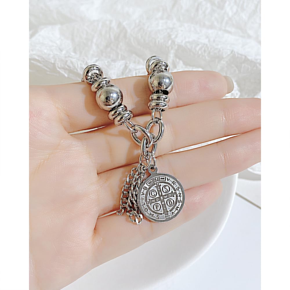 TEMICO Stainless Steel Cross Saint Benedict Coin Charm Bracelet for Women Catholic Exorcism Protection Jewelry