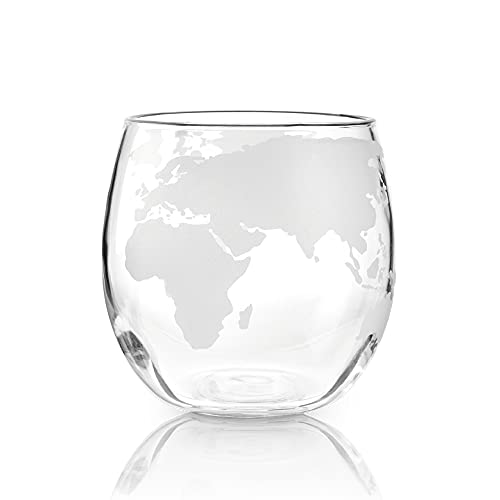 Viski Globe Glass Whiskey Tumblers, Etched Glass Whiskey Enthusiast Gift and Glassware Accessory, 12 oz, Set of 2