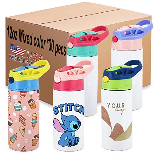 ZREGGUR Mixed Color 30pack 12oz Kids Sippy Cup Sublimation Stainless Steel Thermos Kids Water Bottle For School Toddler Cups Spill Proof With Straws and Lids