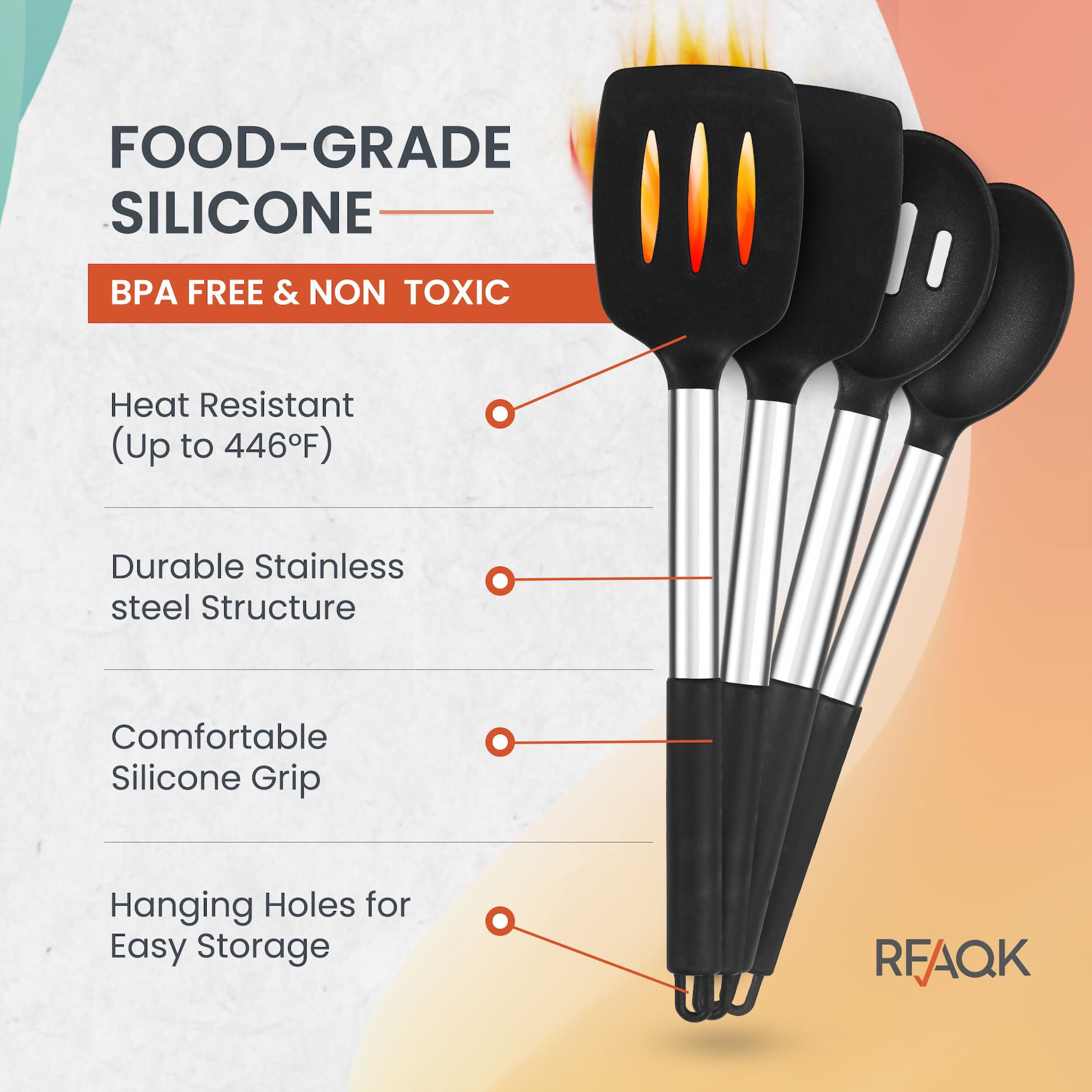 RFAQK 4PCs Solid & Slotted Turner and Spoon Spatula Set - 446°F Heat Resistance, For Nonstick Cookware, BPA Free Rubber Cooking Utensils Set - Ideal for Cooking, Mixing and Serving