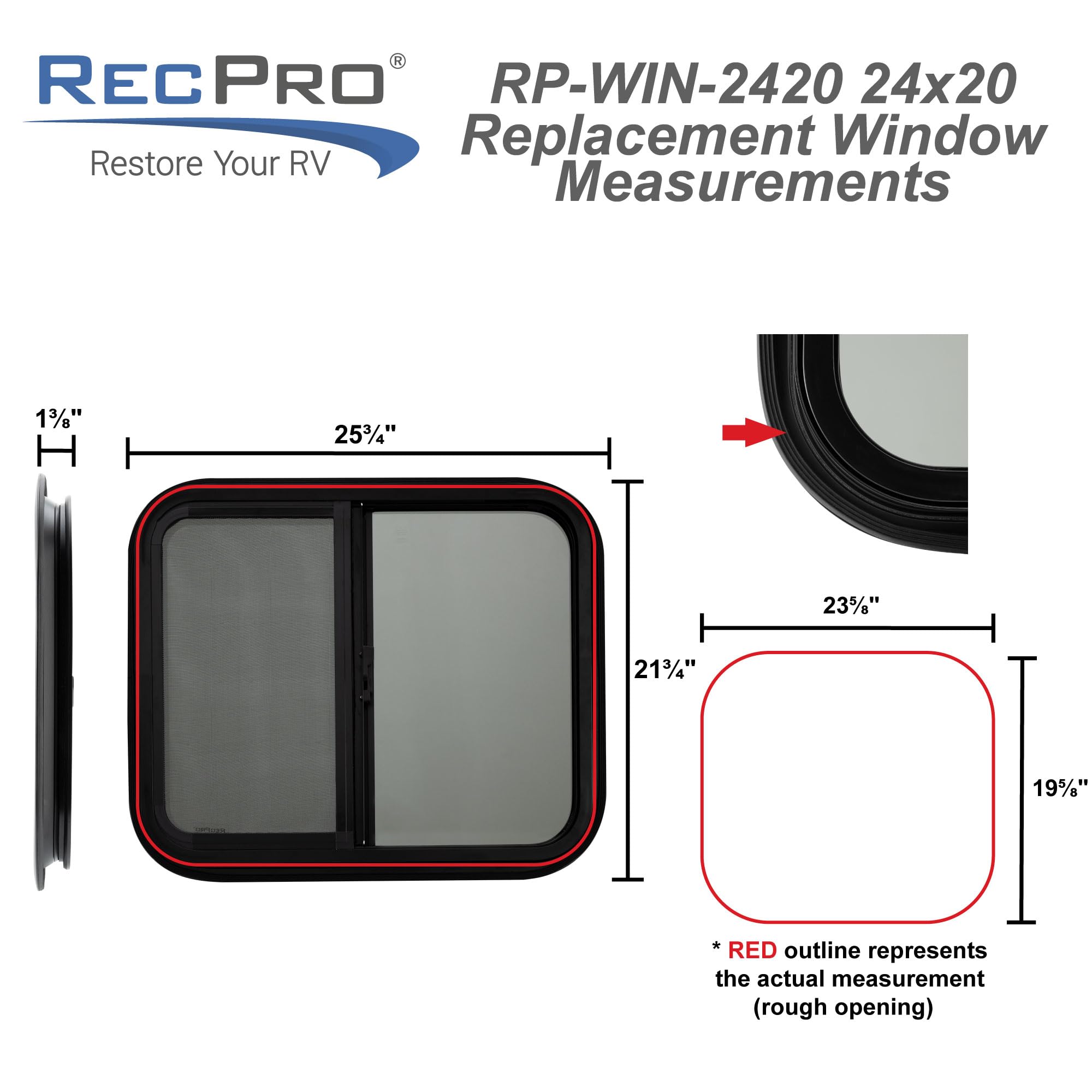 RecPro RV Window | 24" W x 20" H | Teardrop Style Horizontal Slide | 1 1/2 Wall Thickness | RV Window Replacement (2 Windows, with Trim Kit) | Made in USA