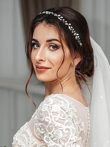 SWEETV Leaf Wedding Headpieces for Bride Opal Bridal Headband with Crystal Women Handmade Wedding Hair Accessories